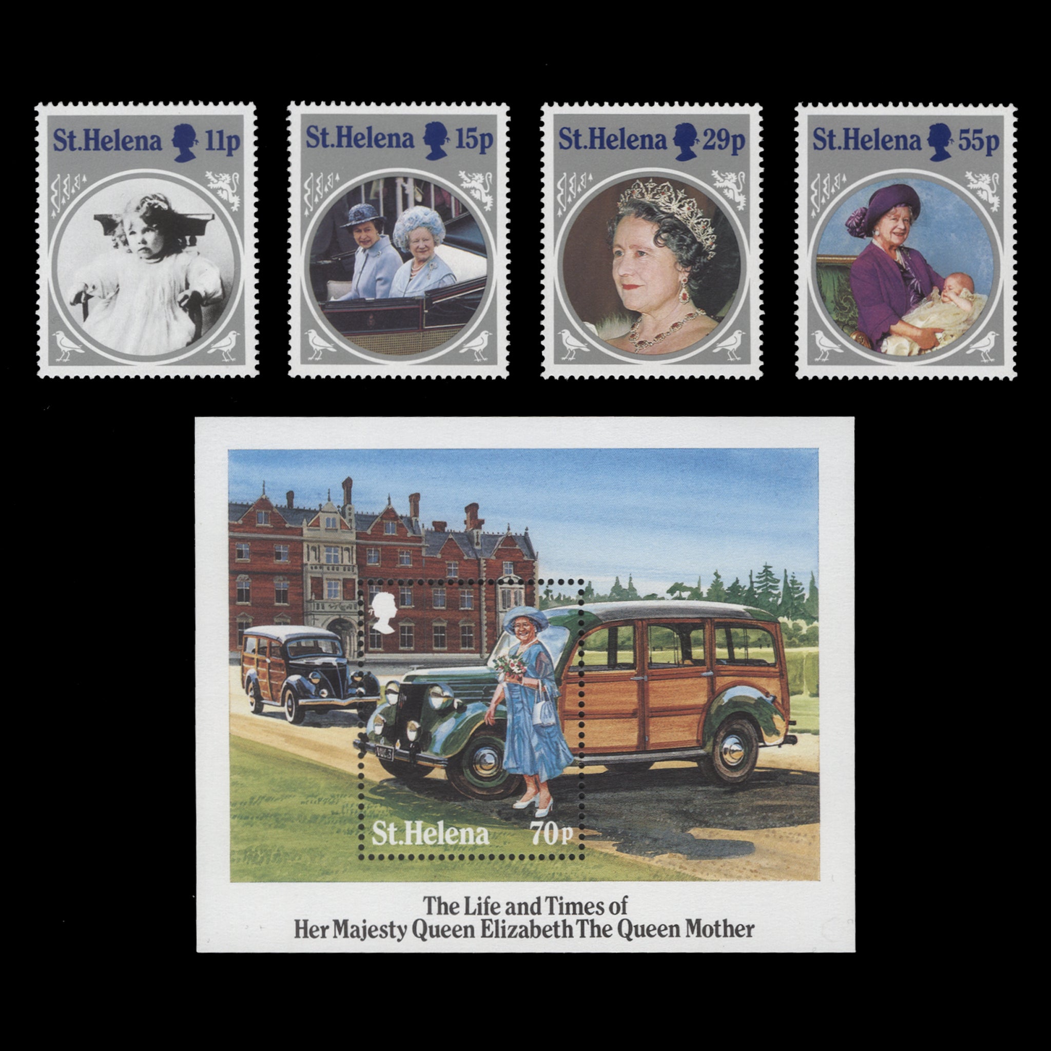 Saint Helena 1985 (MNH) Life and Times of Queen Mother set and miniatu – ZEBOOSE.COM