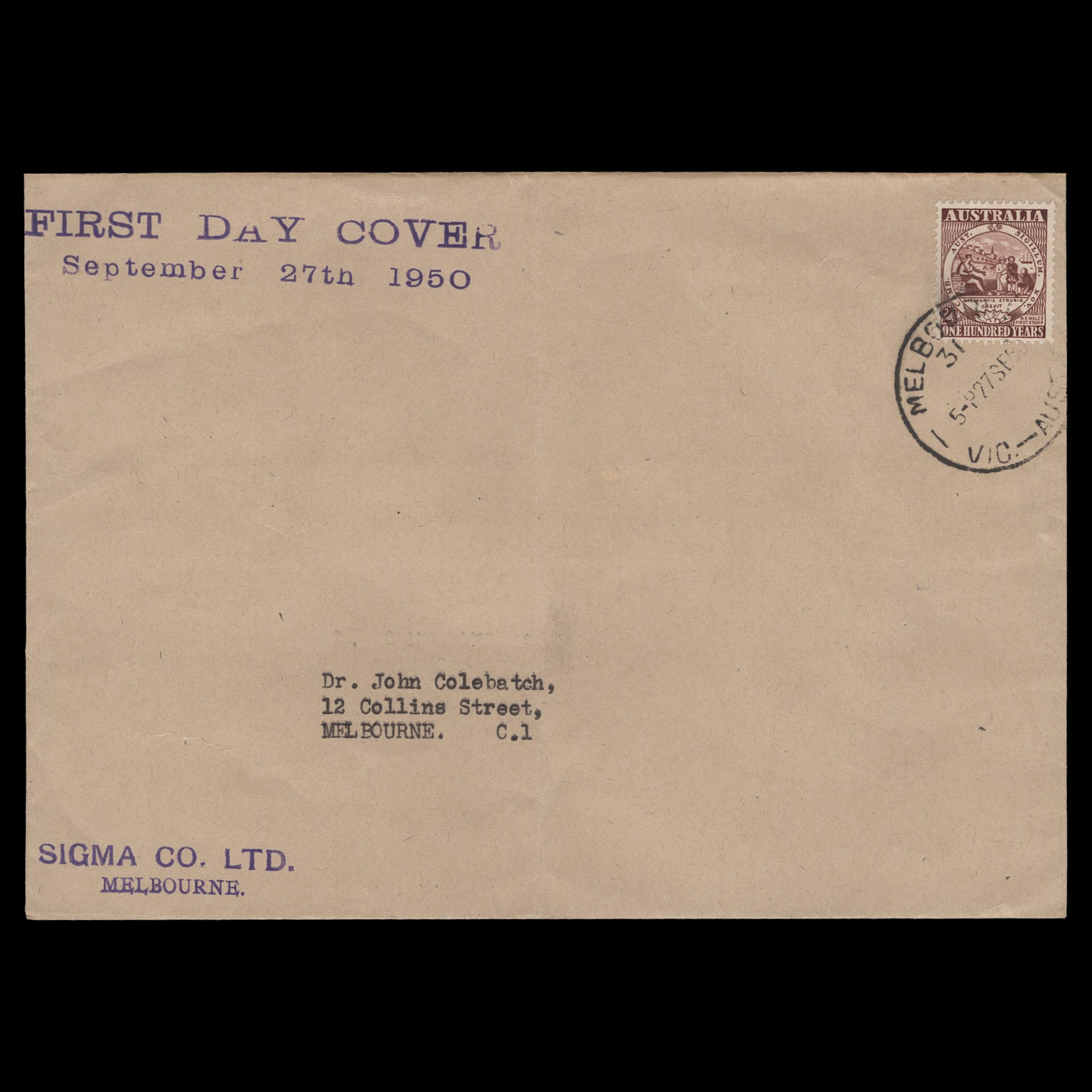 Australia 1950 (FDC) 2½d Postage Stamp Centenary, MELBOURNE – ZEBOOSE.COM