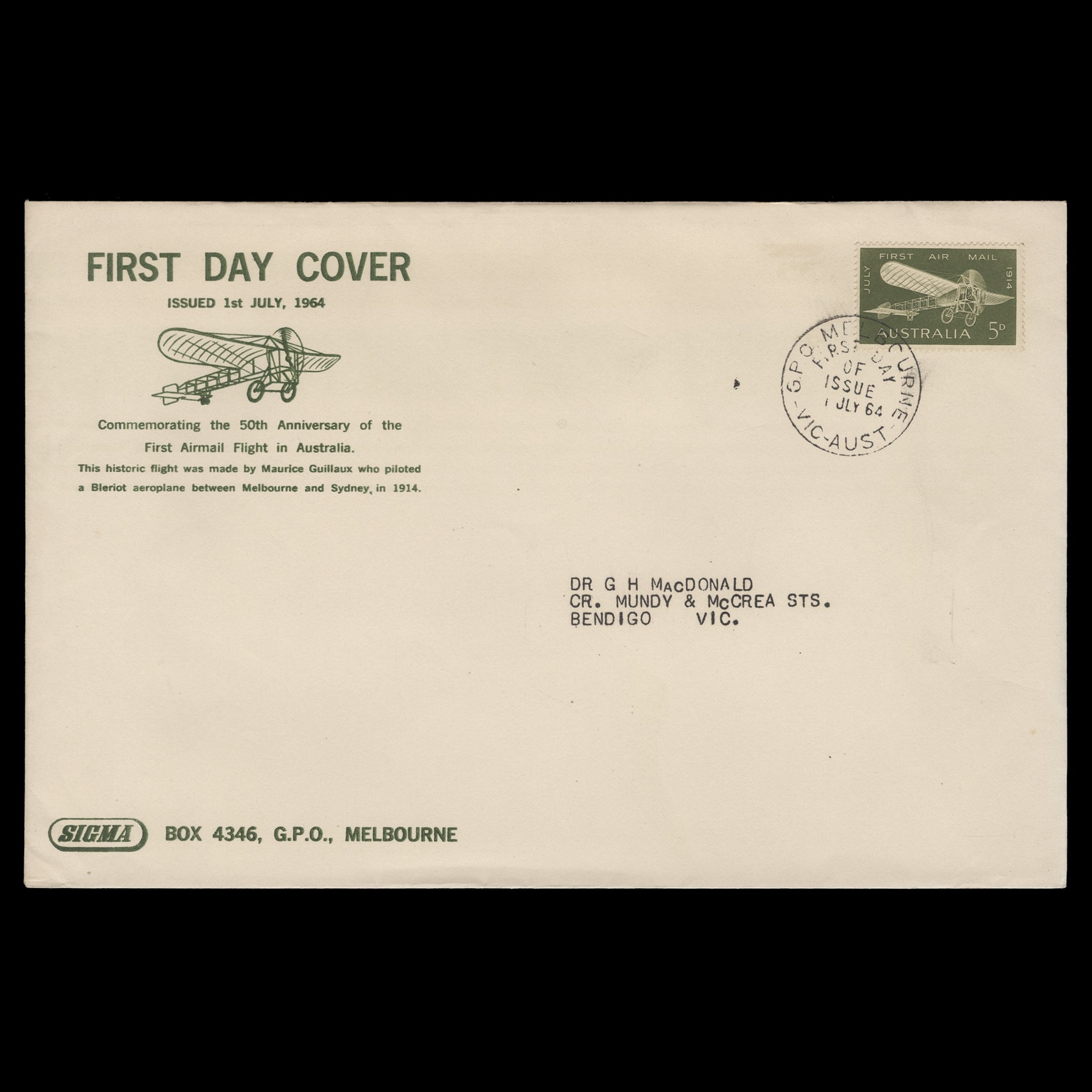 Australia 1964 (FDC) 5d First Air Mail Flight Anniversary, MELBOURNE ...