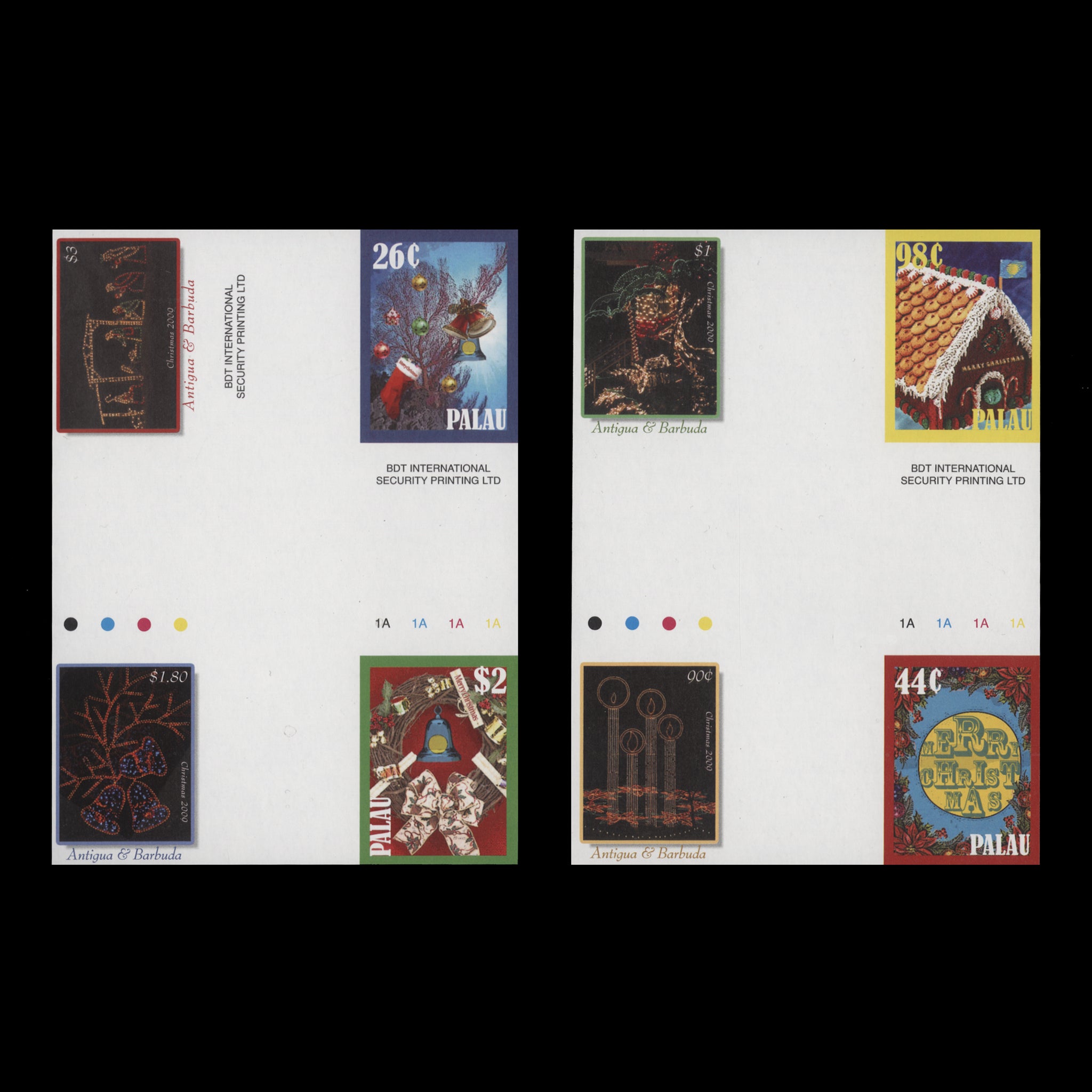 Antigua & Barbuda/Palau 2009 Christmas imperf proof cross-gutter block ...