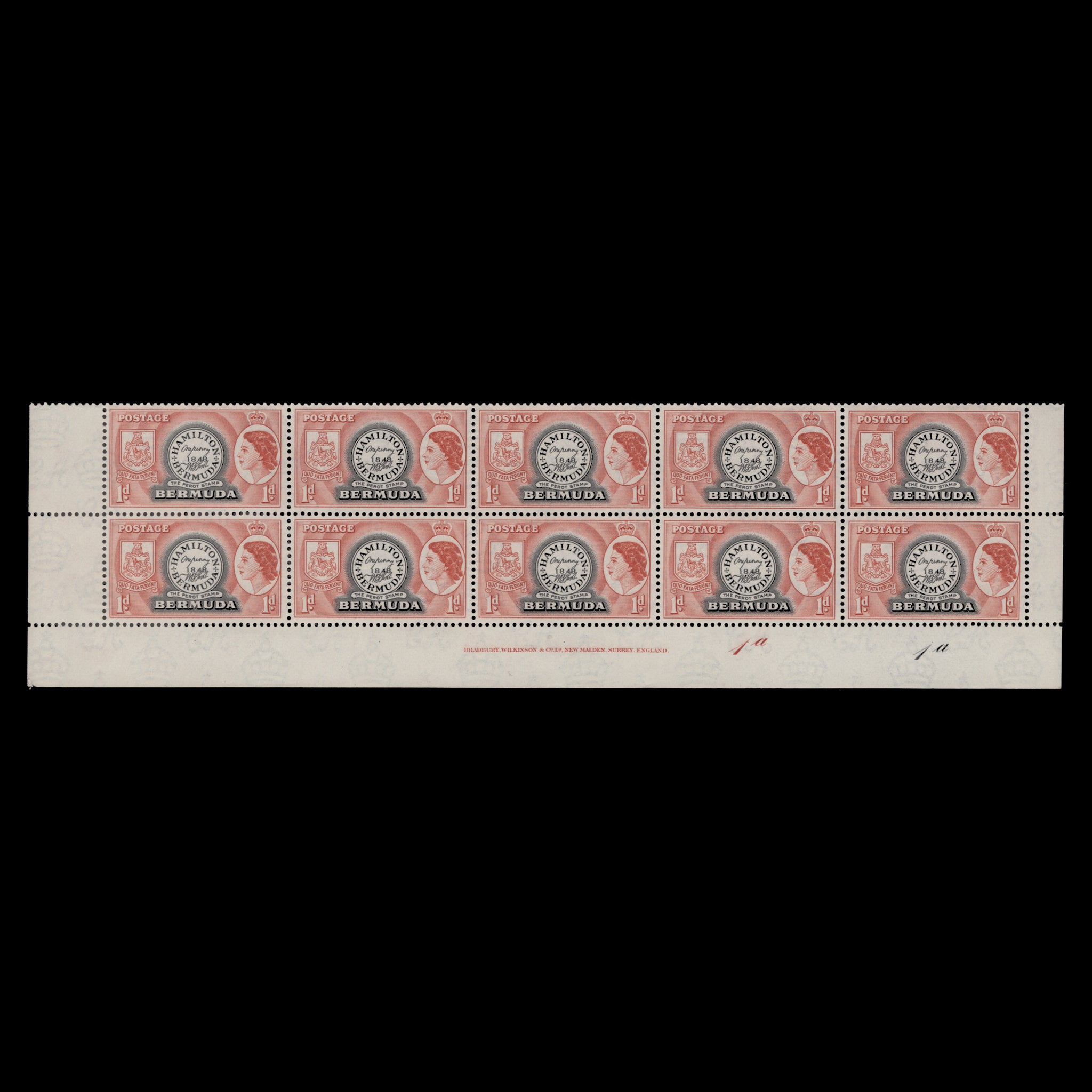 Bermuda 1954 (MNH) 1d Postmaster Perot's Stamp imprint/plate 1a–1a blo ...