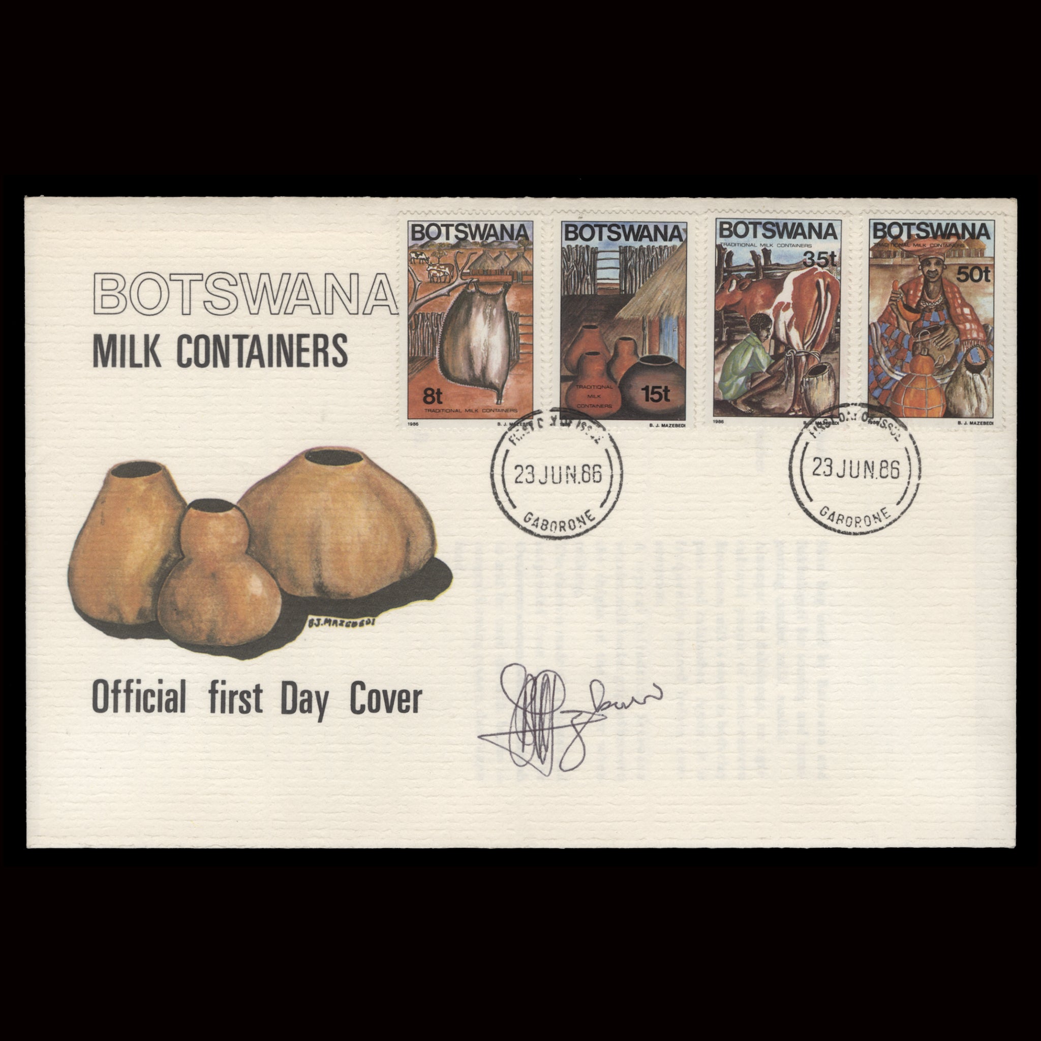 Botswana 1986 Traditional Milk Containers first day cover signed by de ...