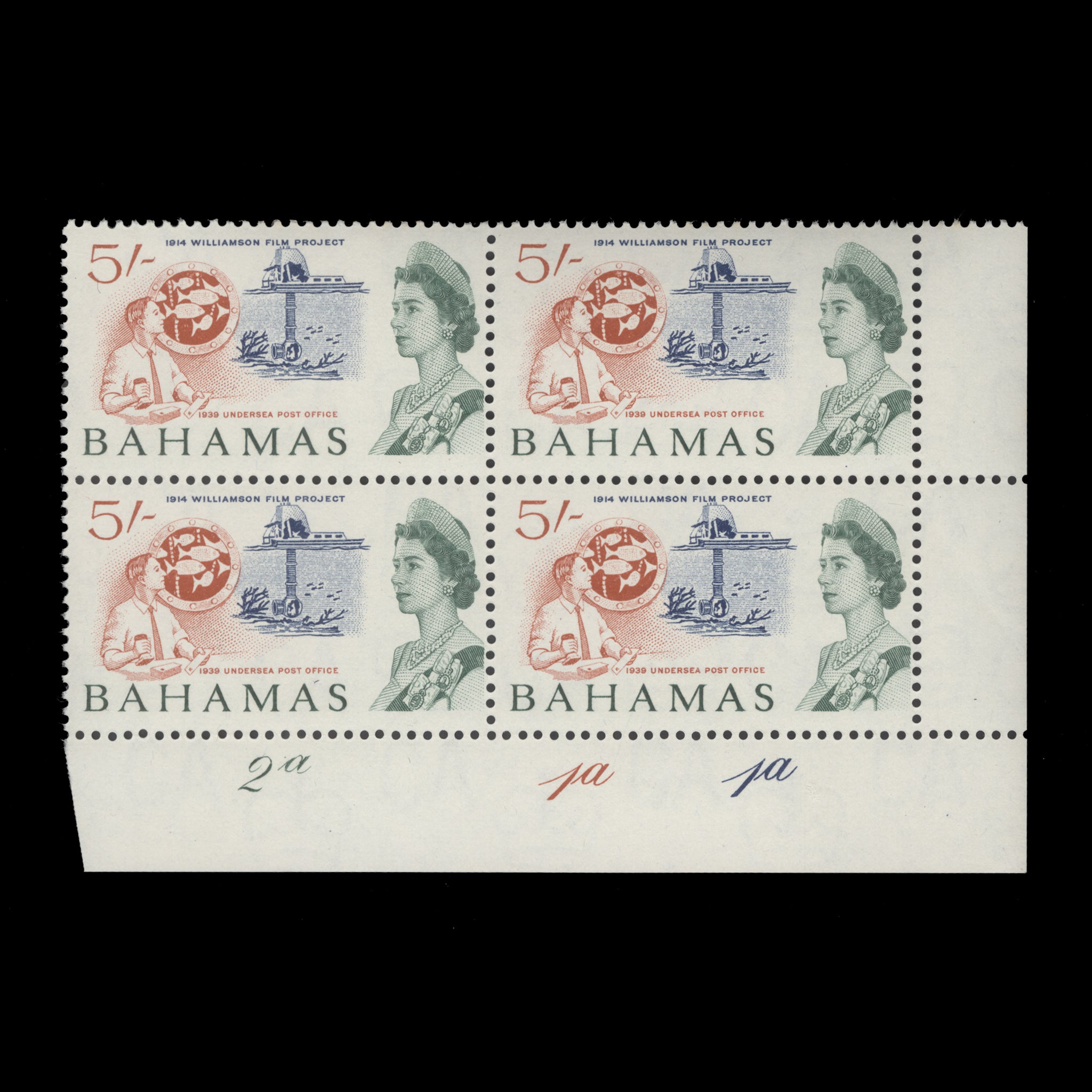 Bahamas 1965 (MNH) 5s Undersea Post Office plate 2a–1a–1a block ...