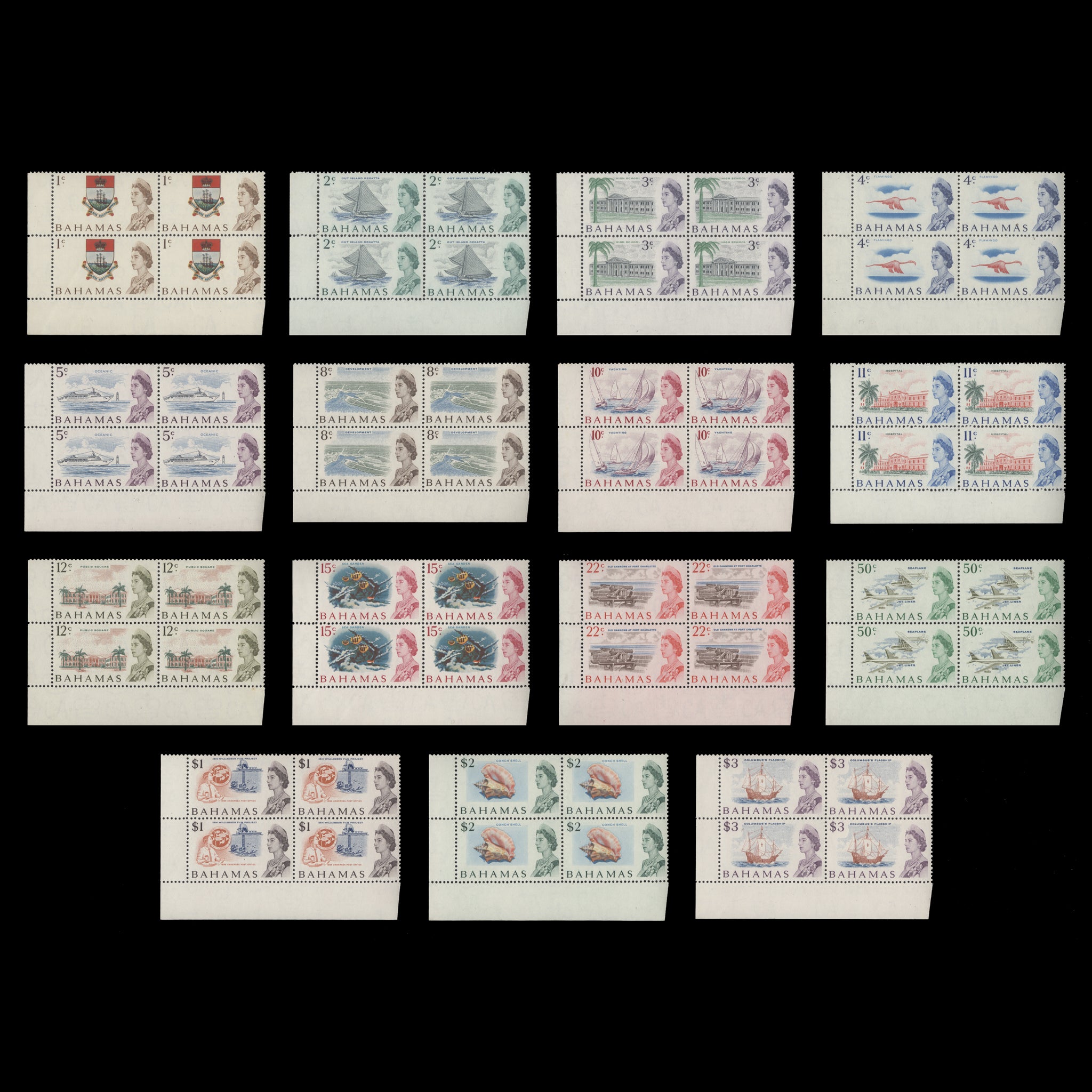 Bahamas 1967 (MNH) Decimal Definitives blocks on toned paper – ZEBOOSE.COM