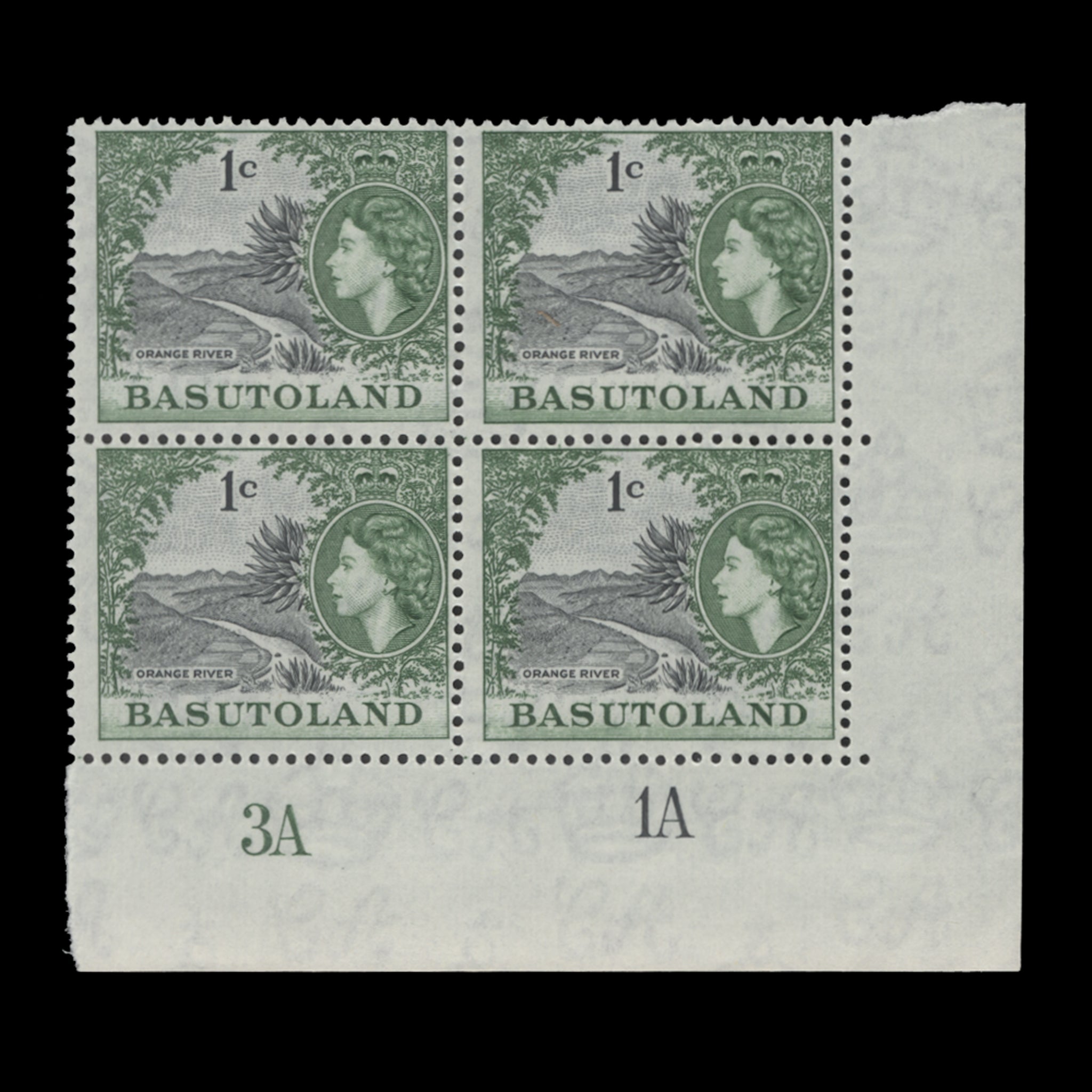 Basutoland 1962 (MNH) 1c Orange River plate 3A–1A block, script CA wat ...