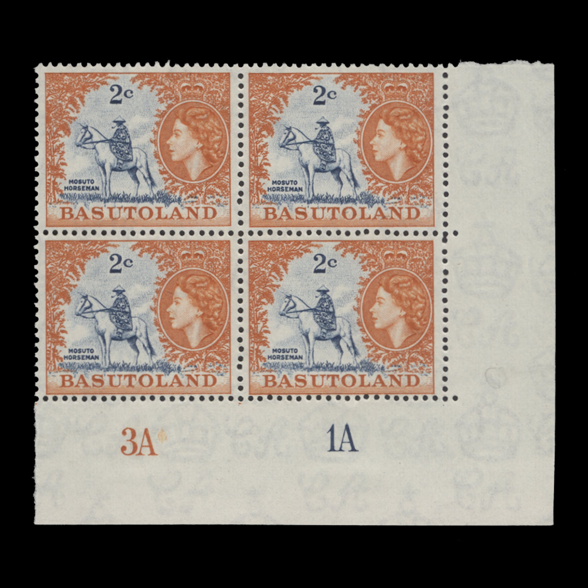 Basutoland 1962 (MNH) 2c Mosuto Horseman plate 3A–1A block, script CA ...
