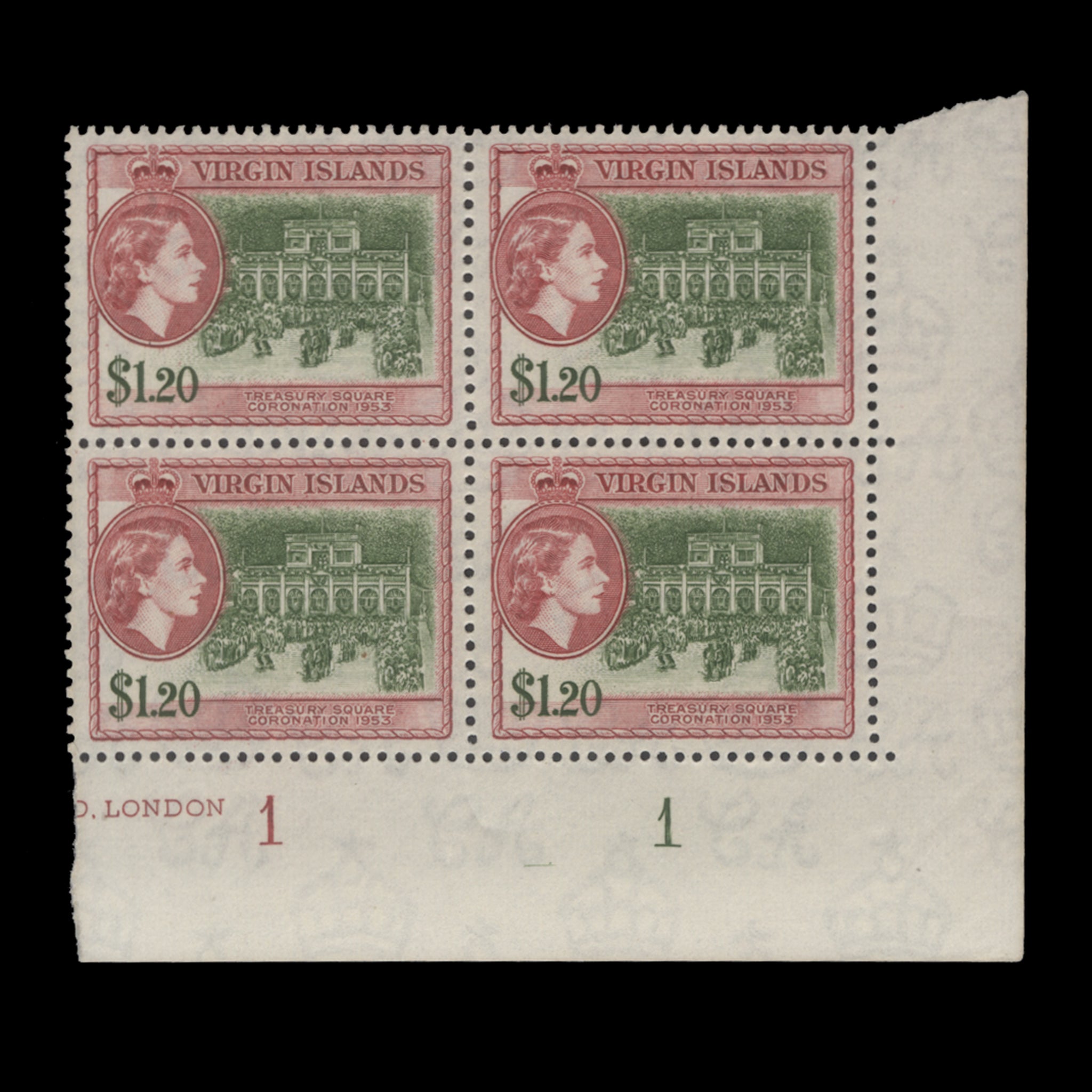 British Virgin Islands 1956 (MNH) $1.20 Treasury Square plate block ...