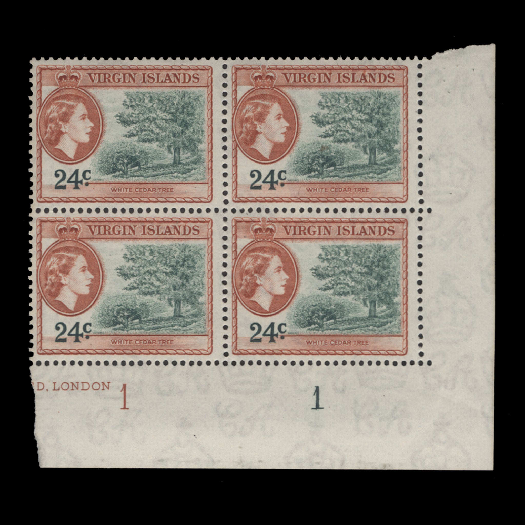 British Virgin Islands 1956 (MNH) 24c White Cedar Tree plate block ...