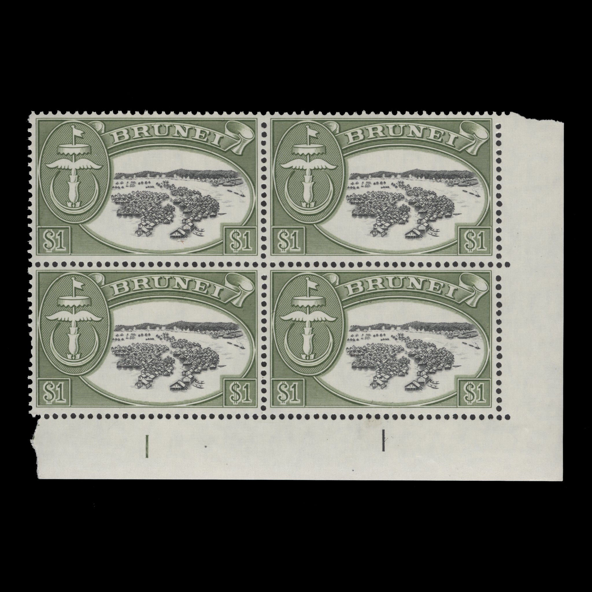 Brunei 1970 (MNH) $1 Water Houses plate 1–1 block, glazed paper ...