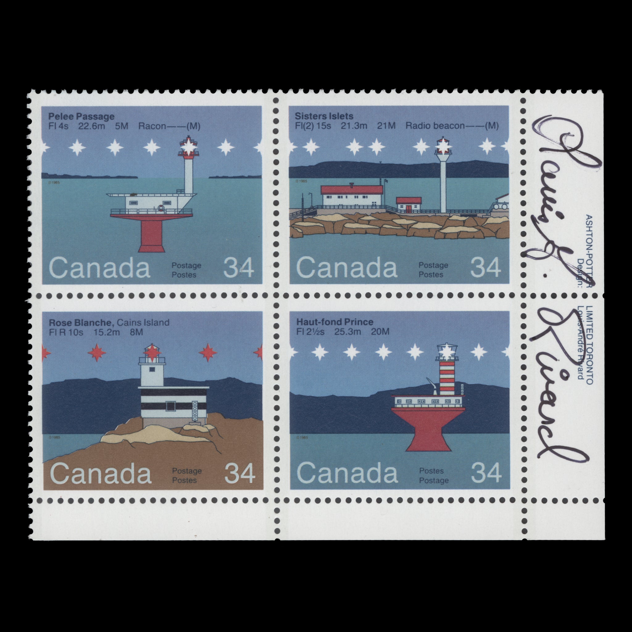 Canada 1985 (MNH) Lighthouses imprint block signed by Louis-André Riva ...