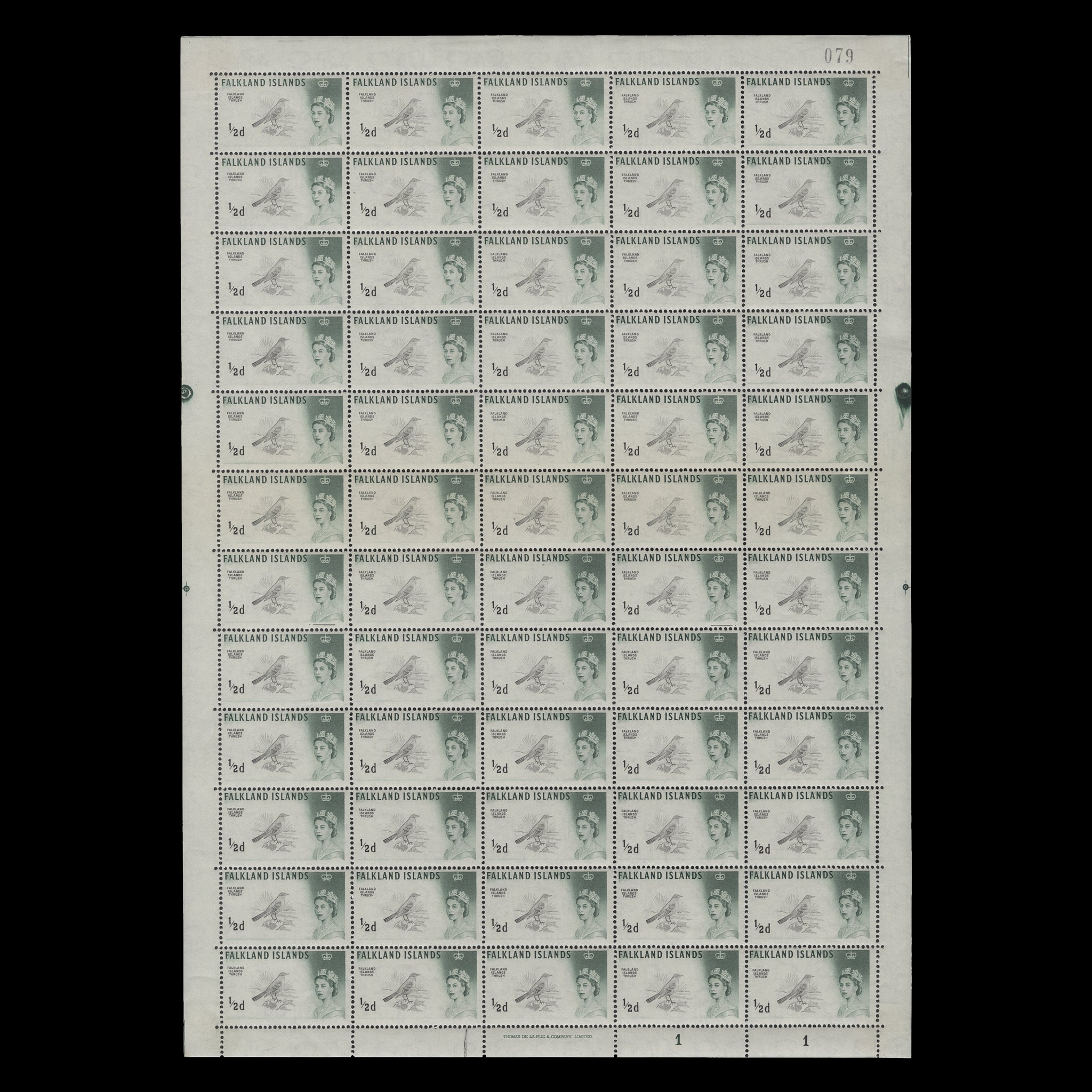 Falkland Islands 1968 (MNH) ½d Austral Thrush plate 1–1 sheet, sideway ...