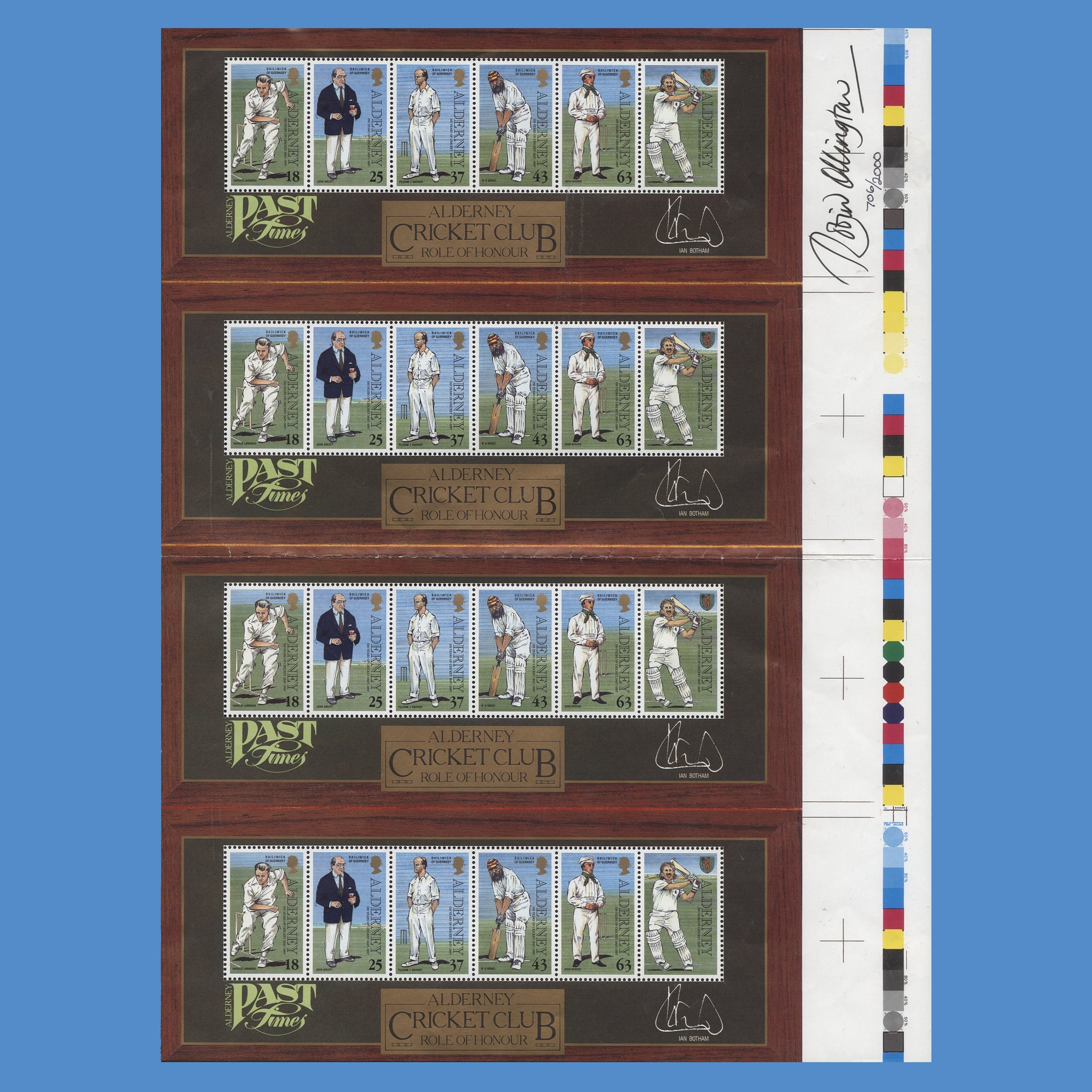 Alderney 1997 (MNH) Cricket Anniversary press sheet signed by designer ...