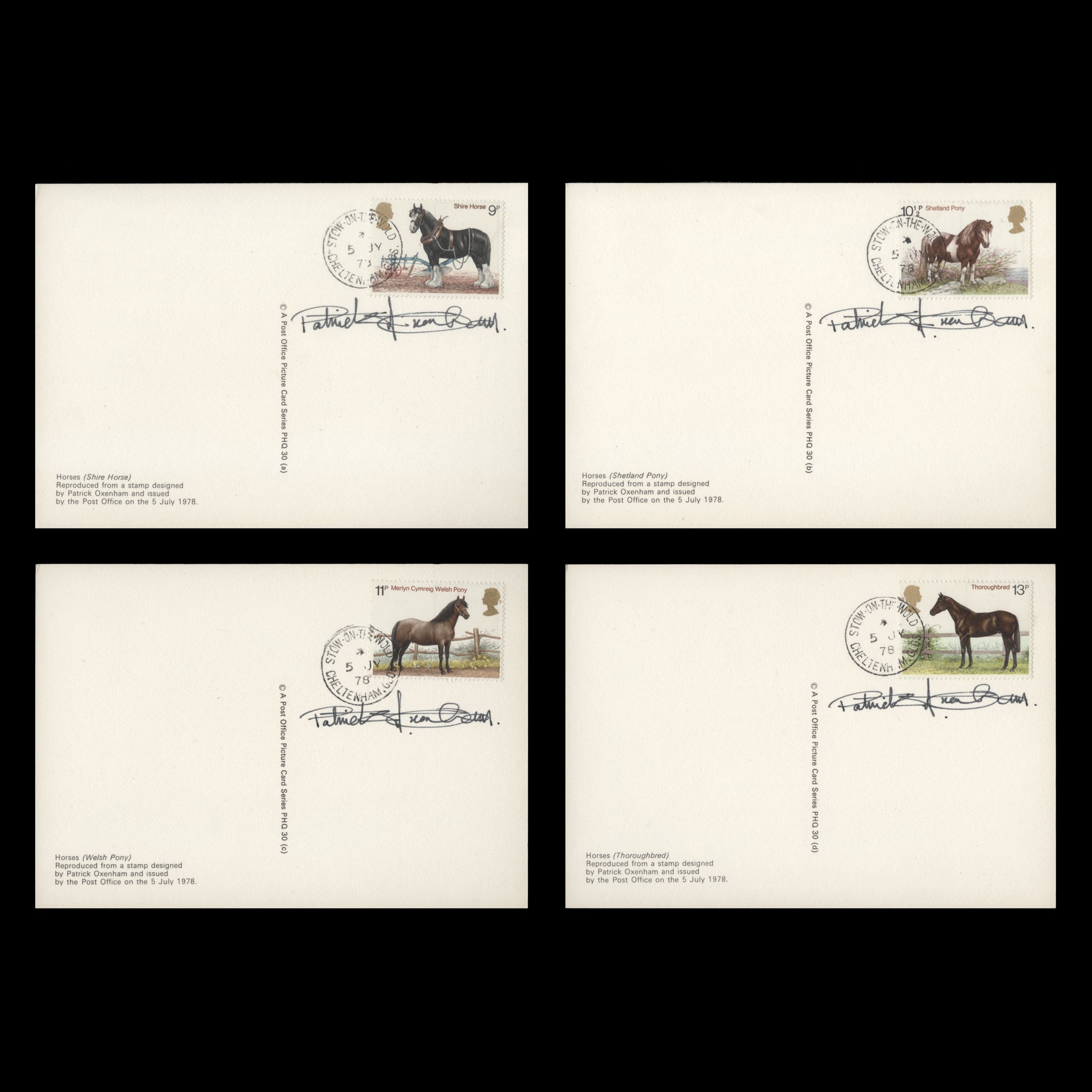 Great Britain 1978 Horses first day PHQ cards signed by Patrick Oxenha ...