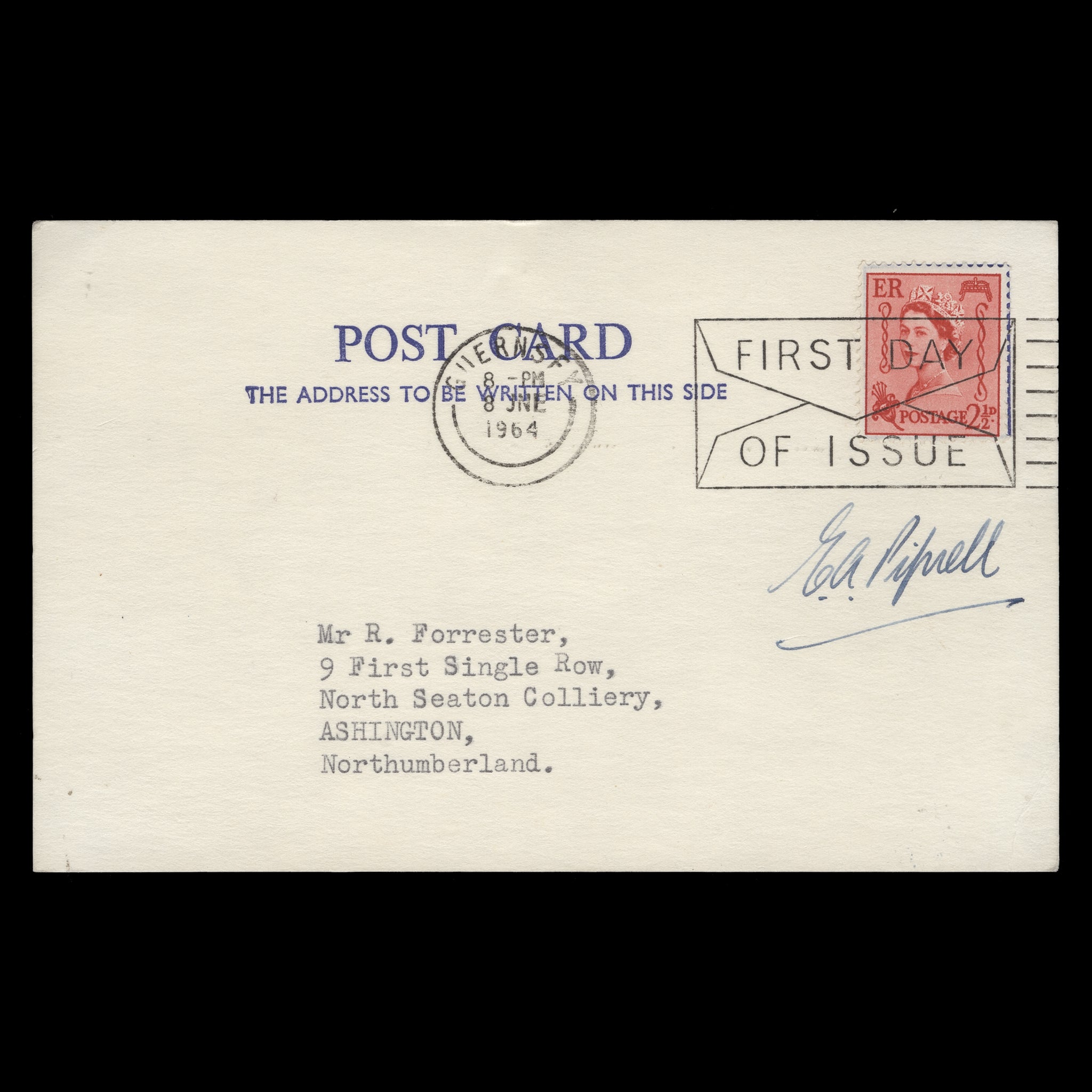 Guernsey 1964 2½d Rose-Red first day postcard signed by designer ...