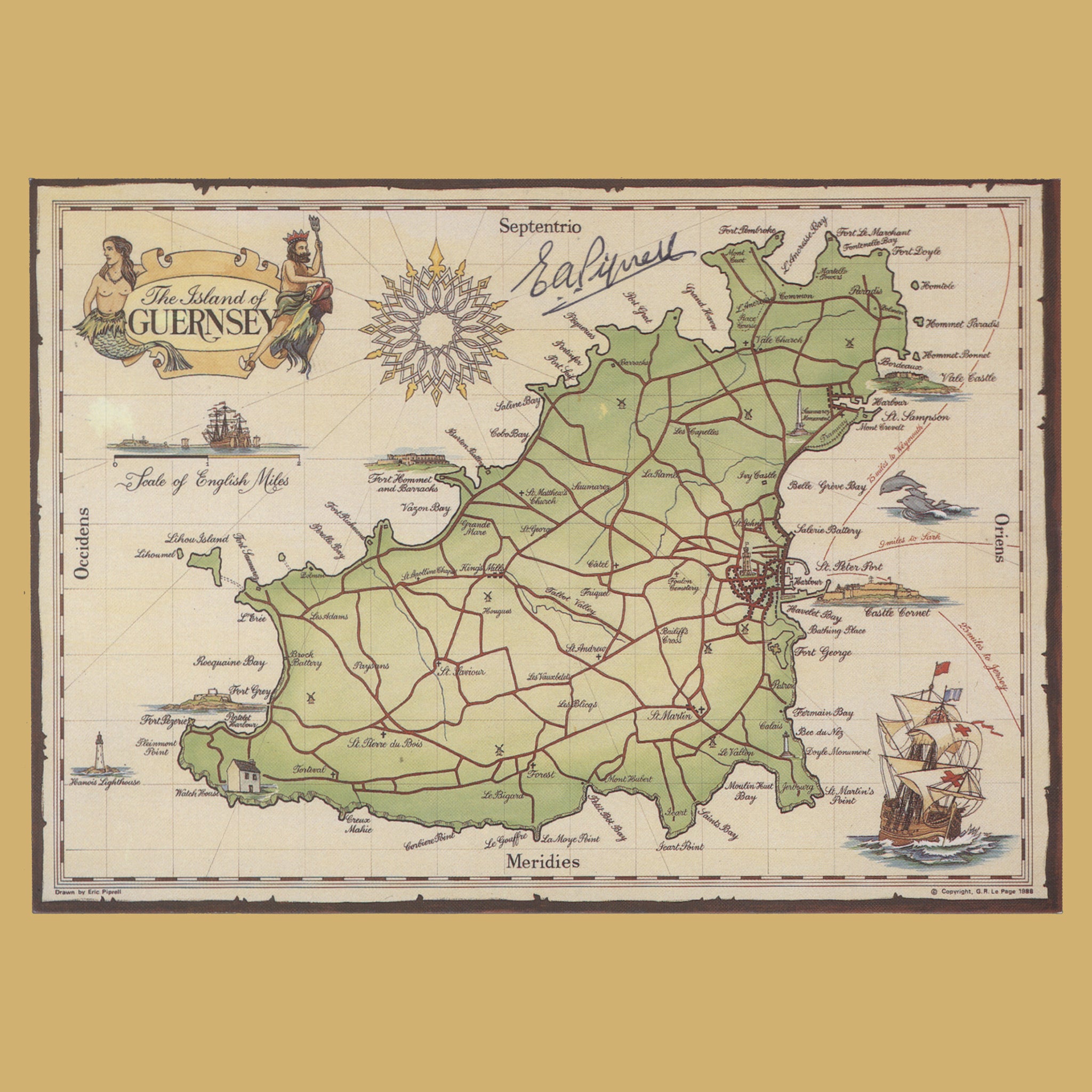 Guernsey 1988 Map of Guernsey postcard signed by Eric Piprell – ZEBOOSE.COM