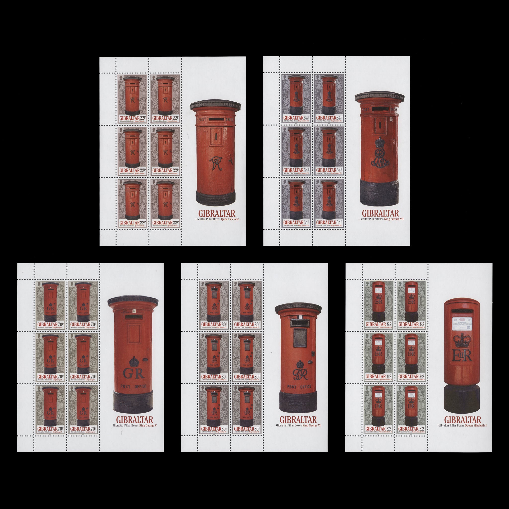 Gibraltar 2016 (MNH) Pillar Boxes sheetlets of six stamps – ZEBOOSE.COM