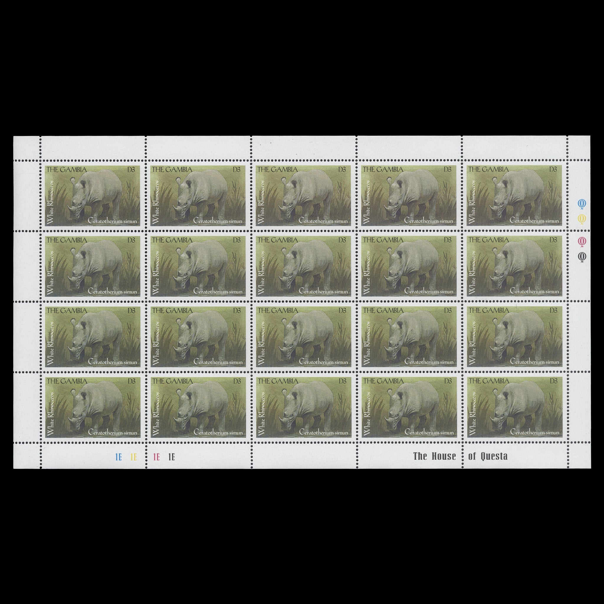 Gambia 2000 (MNH) D3 White Rhinoceros pane of 20 stamps – ZEBOOSE.COM
