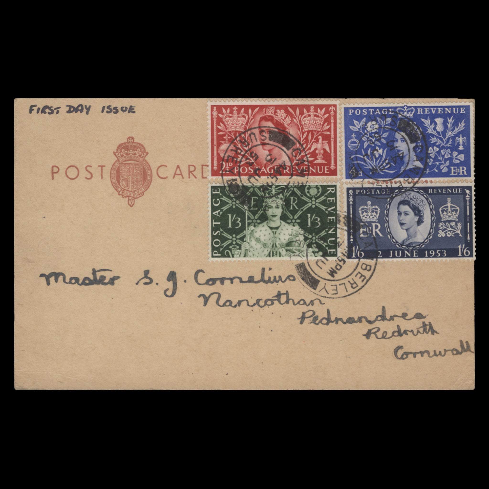 Great Britain 1953 Coronation first day postcard, CAMBERLEY – ZEBOOSE.COM