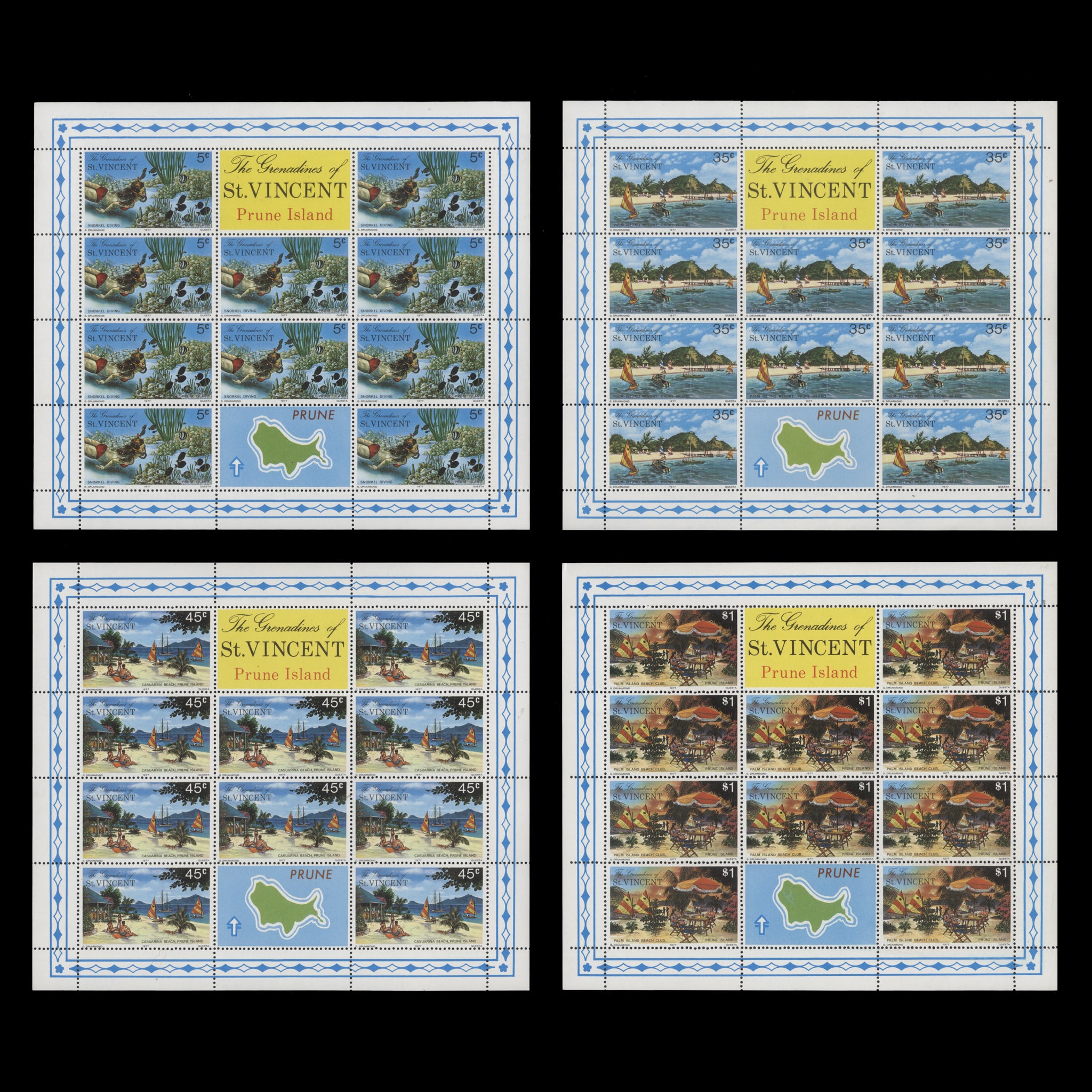 Grenadines of St Vincent 1977 (MNH) Prune Island sheetlets – ZEBOOSE.COM