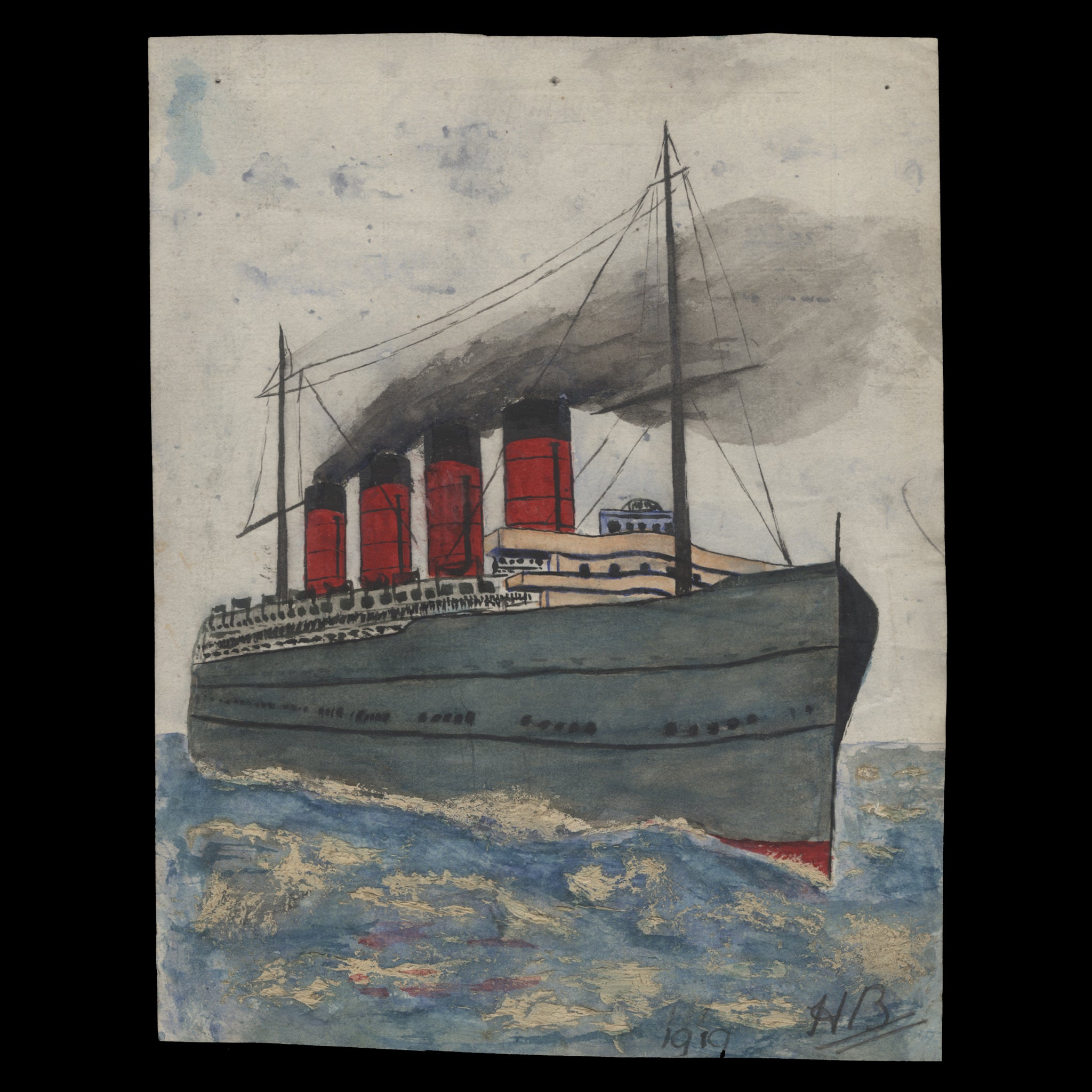 Cunard Line Four-Funnel Ocean Liner watercolour by Harold J Bard aged ...