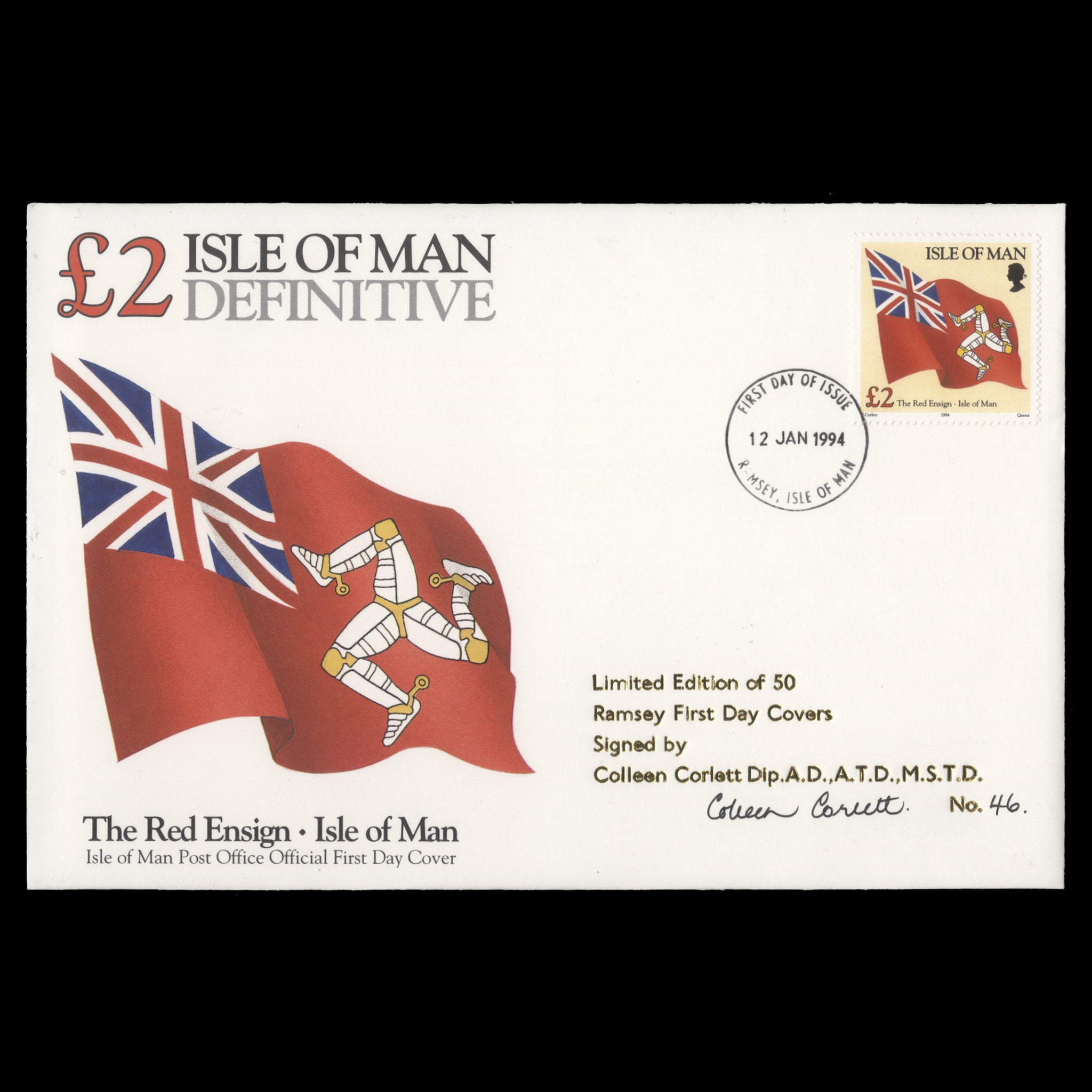 Isle of Man 1994 £2 Red Ensign first day cover signed by stamp designe ...
