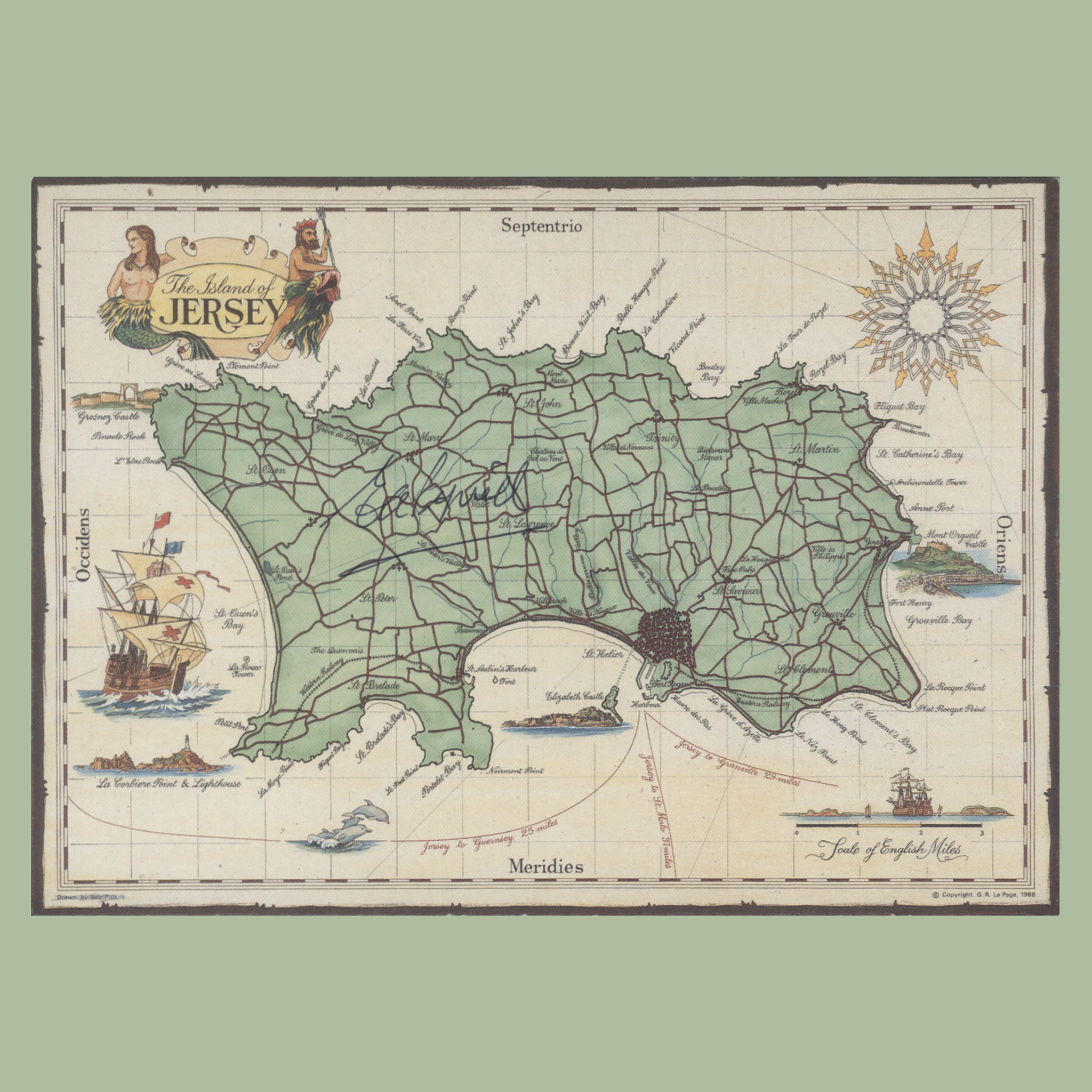 Jersey 1988 Map of Jersey postcard signed by Eric Piprell – ZEBOOSE.COM