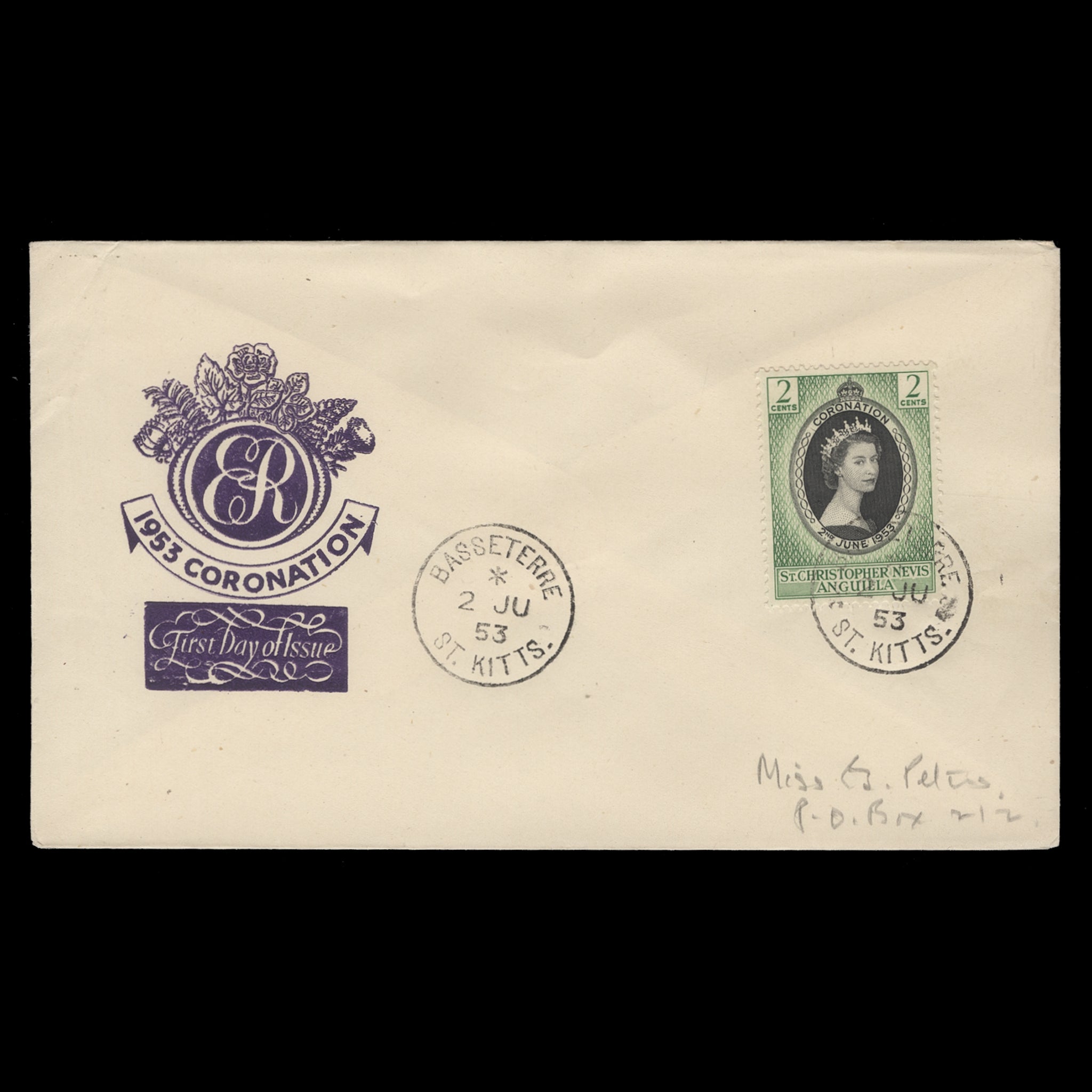 St Christopher Nevis Anguilla 1953 (FDC) 2c Coronation, BASSETERRE ...