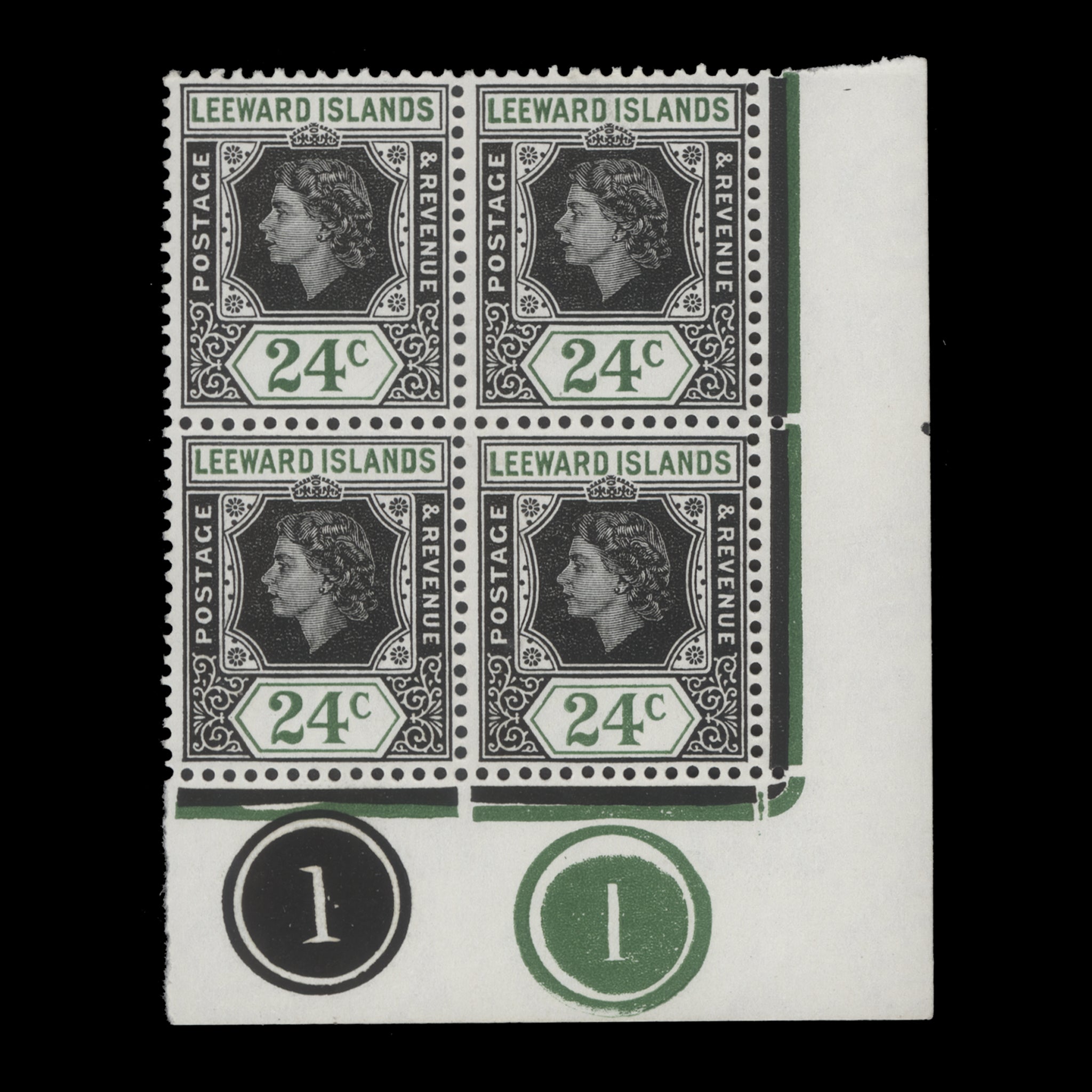Leeward Islands 1954 (MNH) 24c Queen Elizabeth II plate block – ZEBOOSE.COM