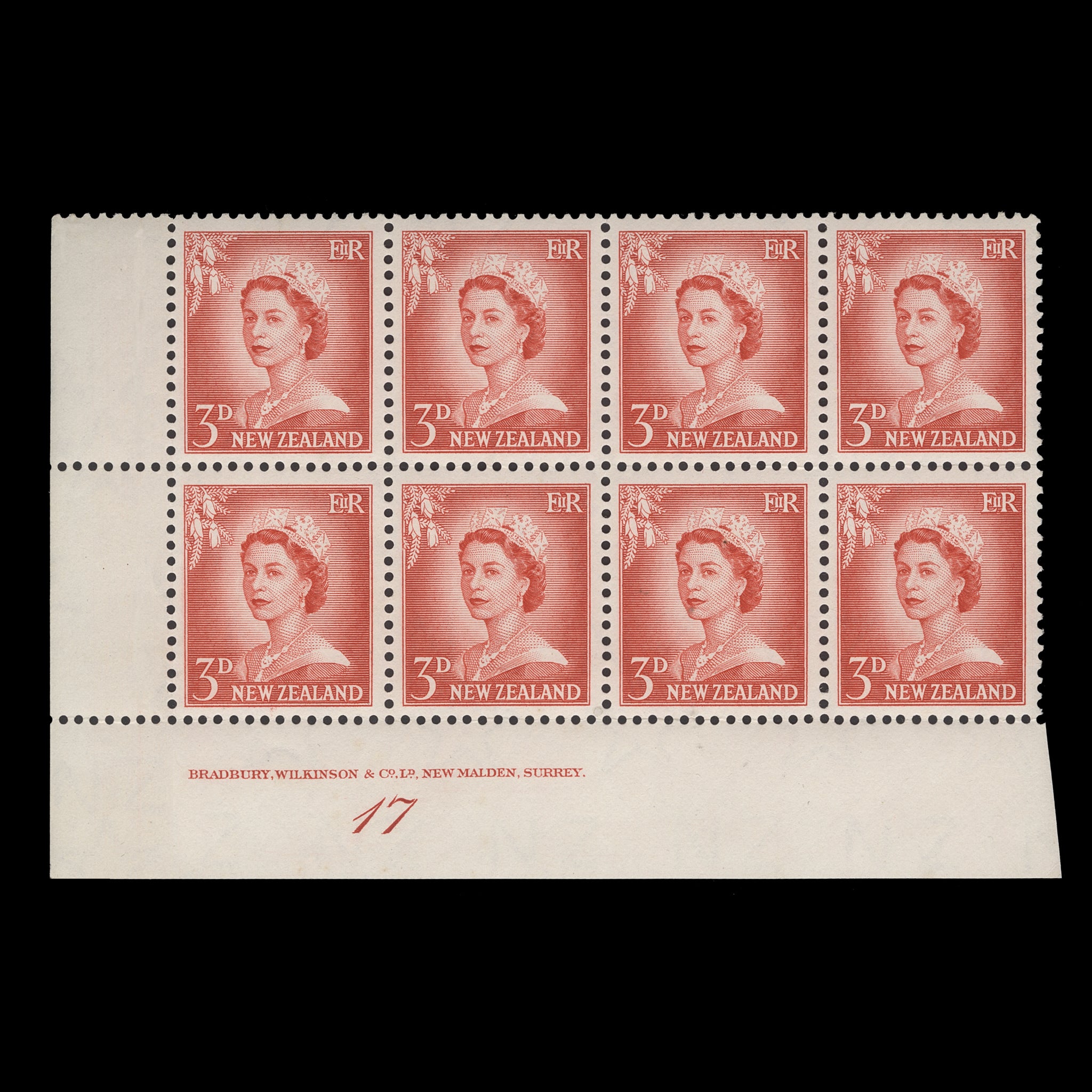 New Zealand 1959 (MNH) 3d Queen Elizabeth II imprint/plate 17 block ...