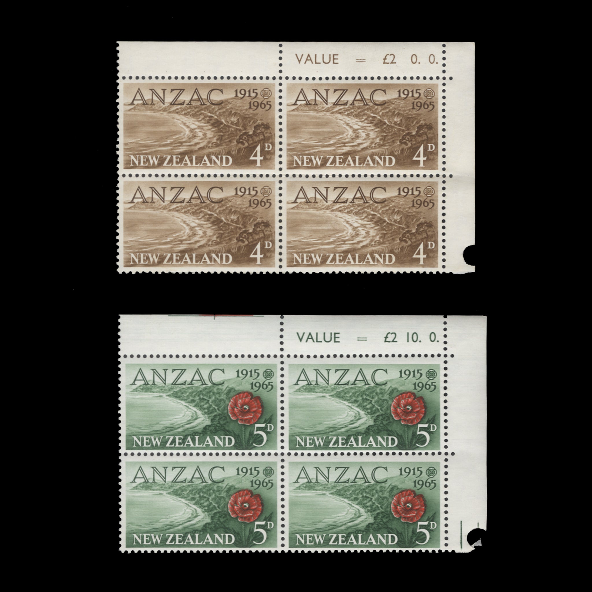 New Zealand 1965 (MNH) ANZAC Anniversary sheet value blocks – ZEBOOSE.COM
