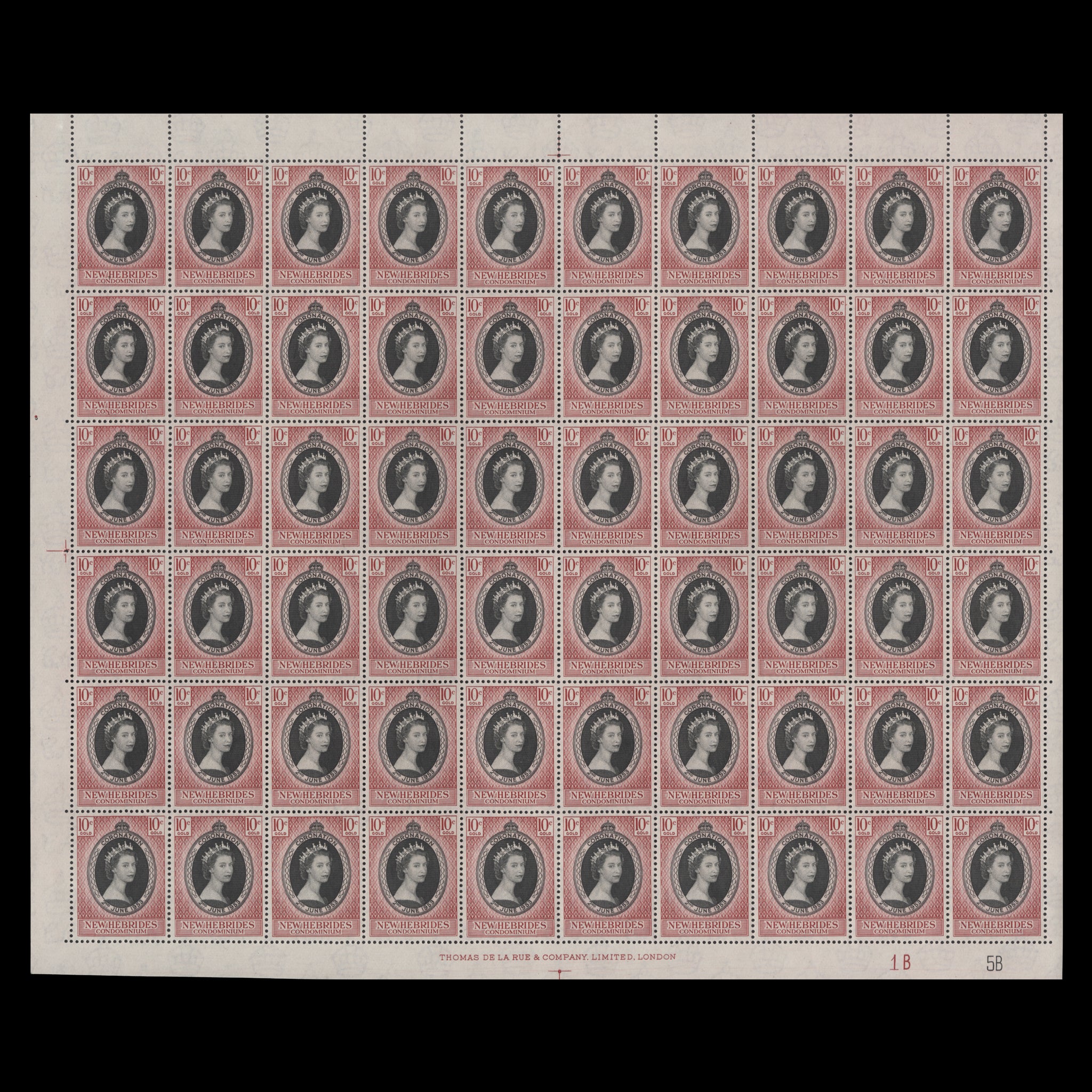 New Hebrides 1953 (MNH) 10c Coronation plate 1B–5B pane of 60 stamps ...
