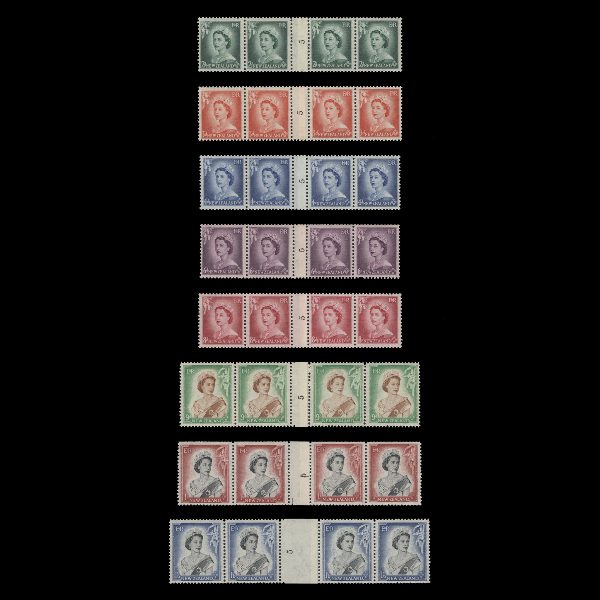New Zealand 1954 (MLH) Queen Elizabeth II coil join strips – ZEBOOSE.COM
