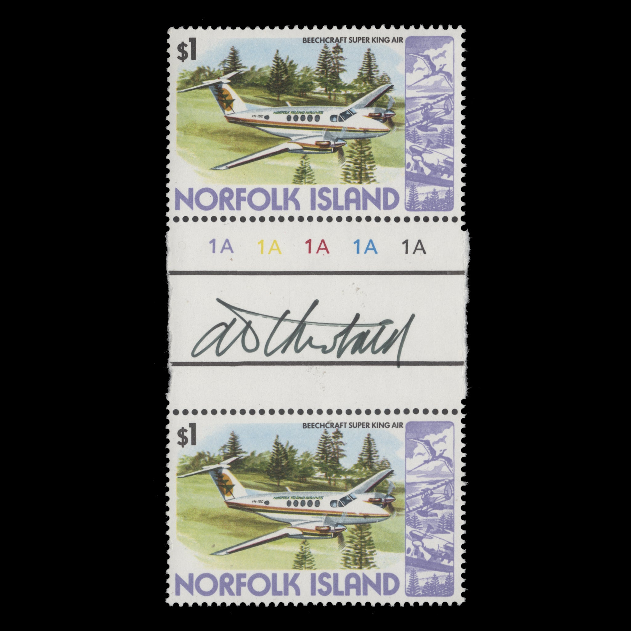 Norfolk Island 1981 (MNH) $1 Beechcraft Super King Air gutter pair sig – ZEBOOSE.COM