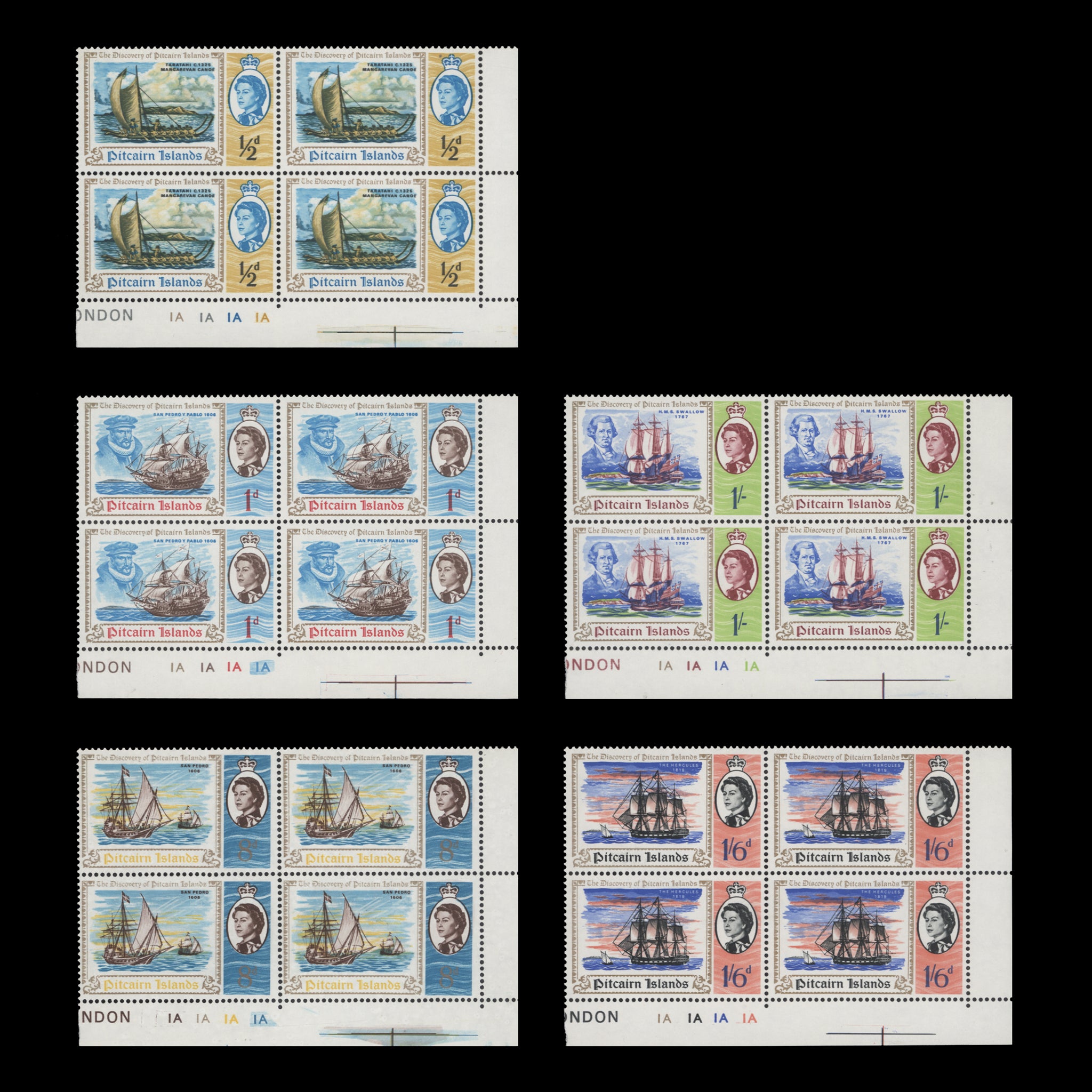 Pitcairn Islands 1967 (MNH) Discovery Bicentenary imprint/plate blocks ...