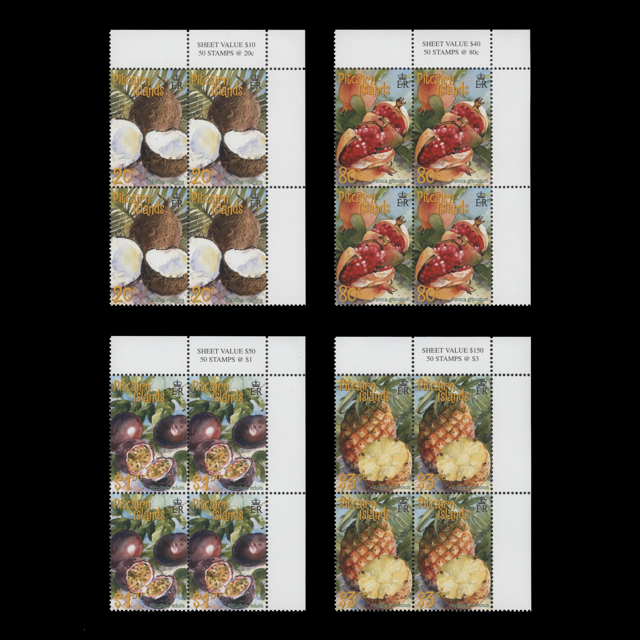 Pitcairn Islands 2001 (MNH) Tropical Fruits sheet value blocks ...