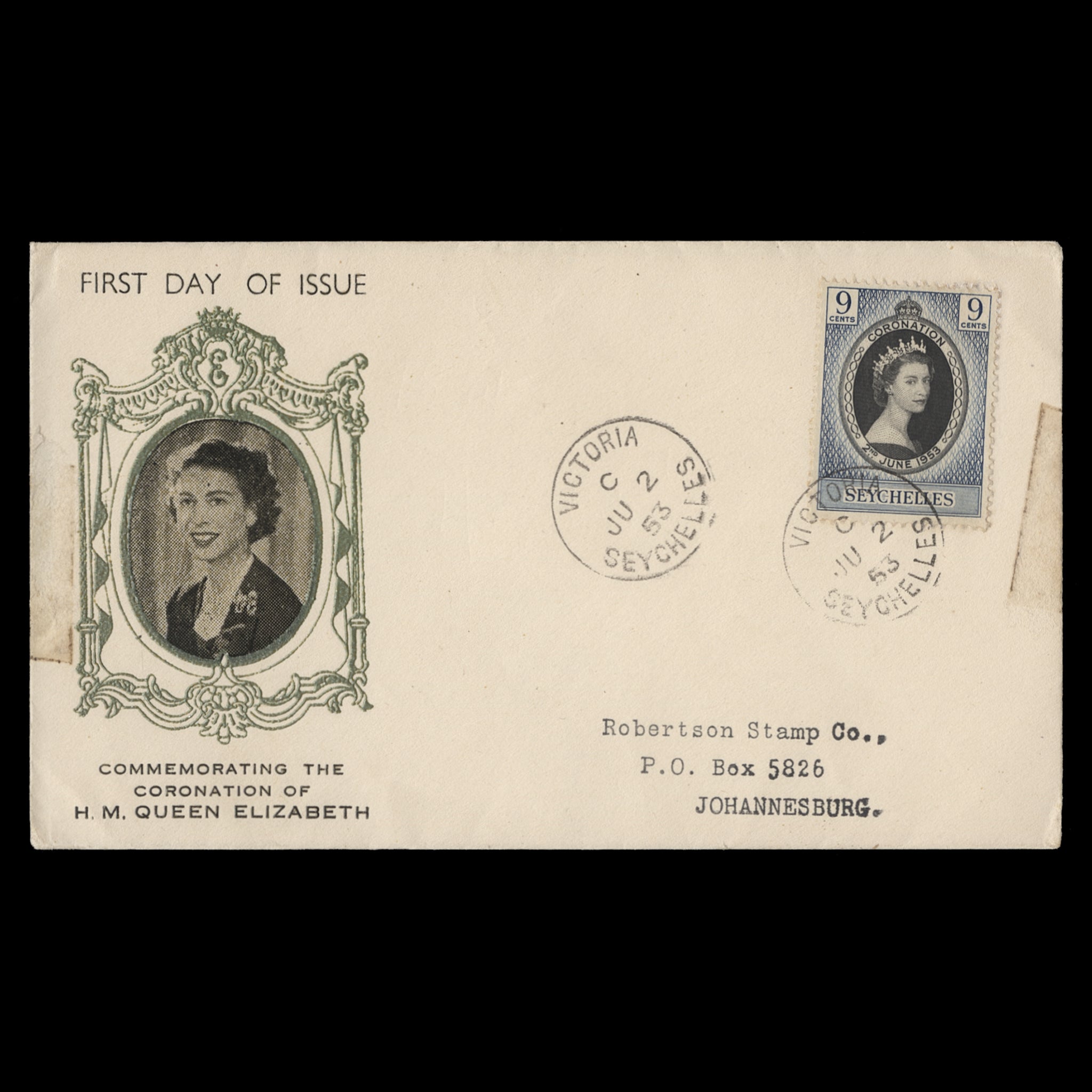 Seychelles 1953 (FDC) 9c Coronation, VICTORIA – ZEBOOSE.COM