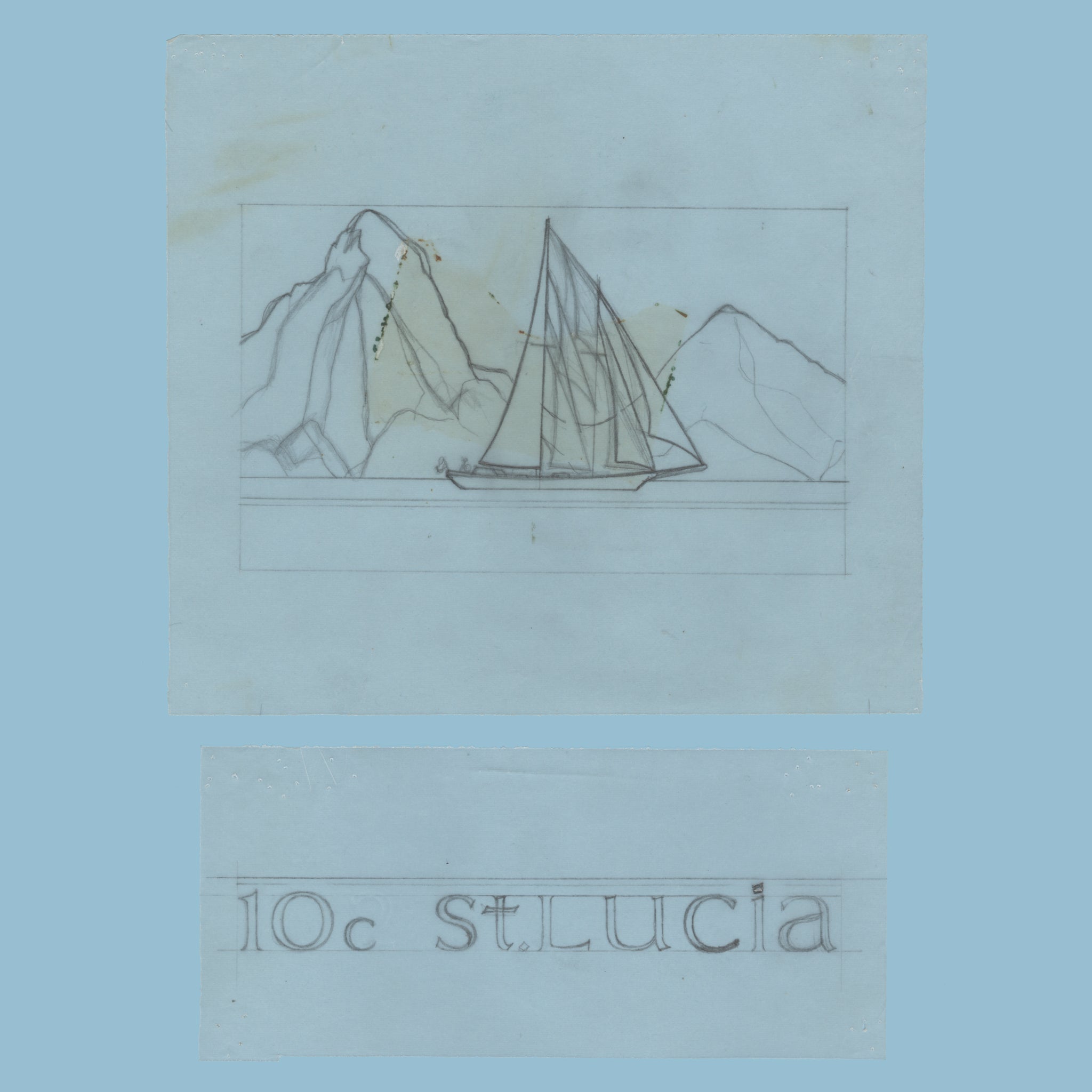 Saint Lucia 1970 The Pitons pencil essay by Sylvia and Michael Goaman ...