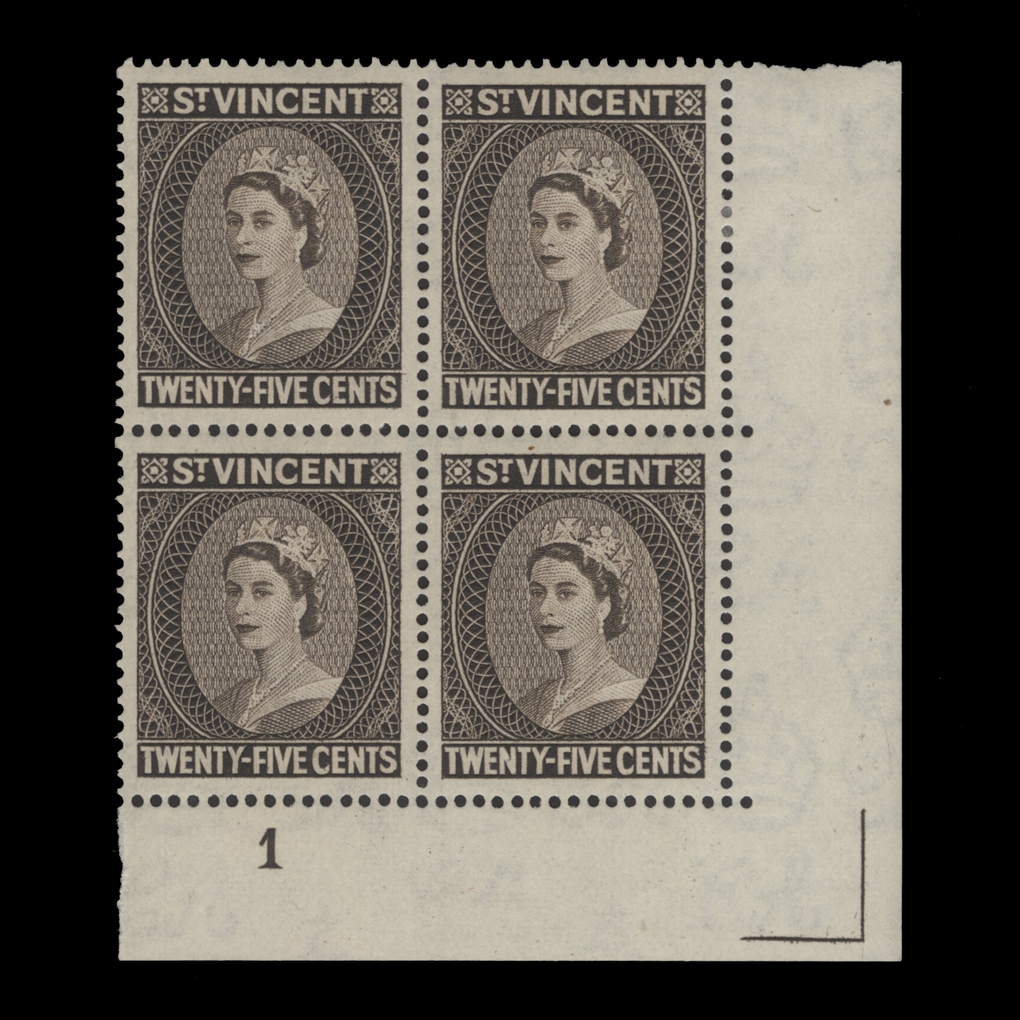Saint Vincent 1955 (MLH) 25c Queen Elizabeth II plate block, Waterlow ...