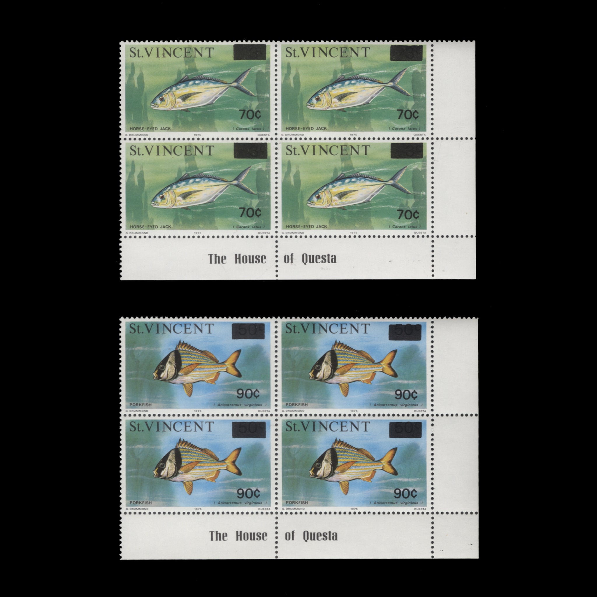 Saint Vincent 1976 (MNH) Fish provisionals imprint blocks – ZEBOOSE.COM