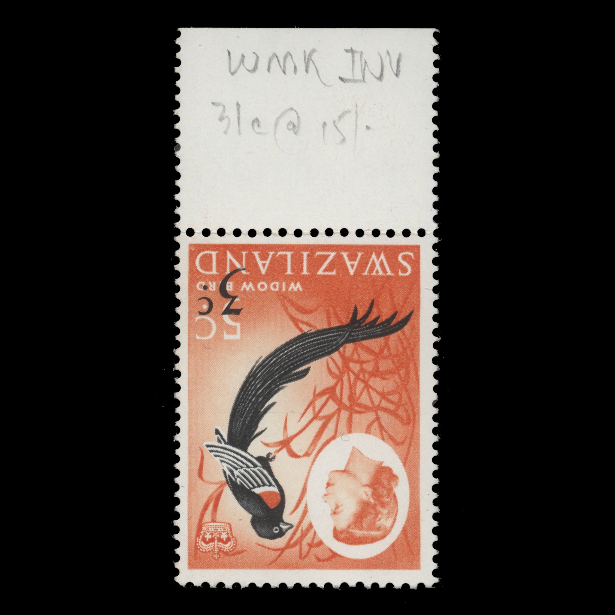 Swaziland 1968 (Variety) 3c/5c Widow Bird with inverted watermark ...