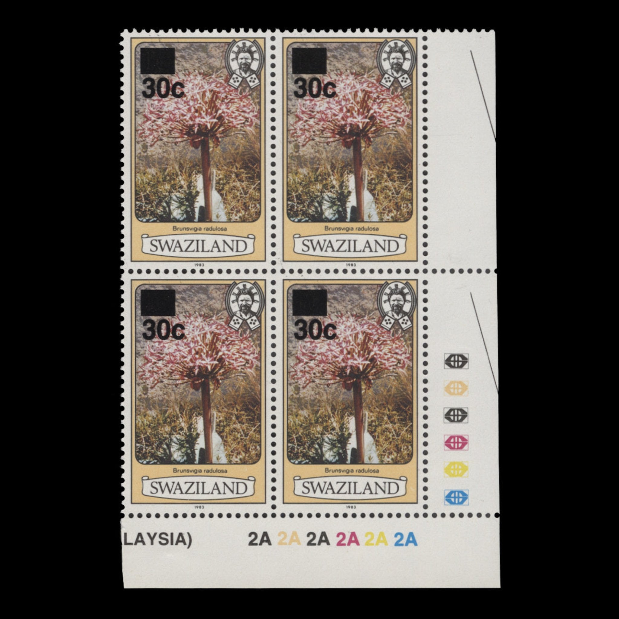 Swaziland 1984 (MNH) 30c/1c Brunsvigia Radulosa plate block, perf 12 x ...