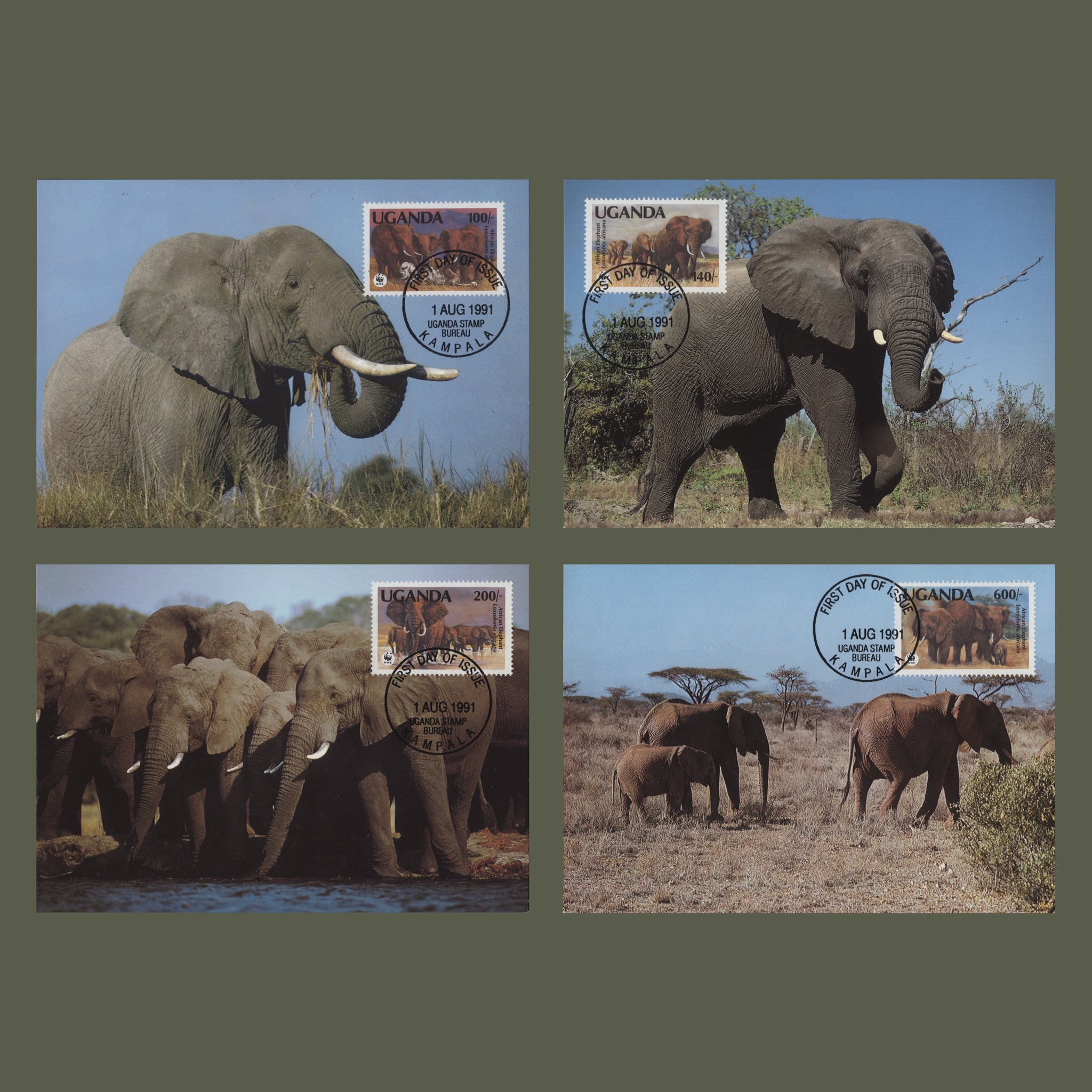 Uganda 1991 Endangered Species, Elephants first day postcards, KAMPALA ...