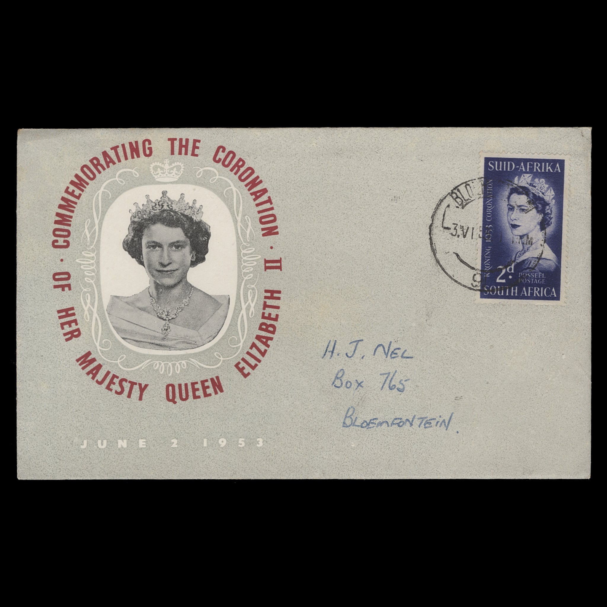 South Africa 1953 (FDC) 2d Coronation, BLOEMFONTEIN – ZEBOOSE.COM