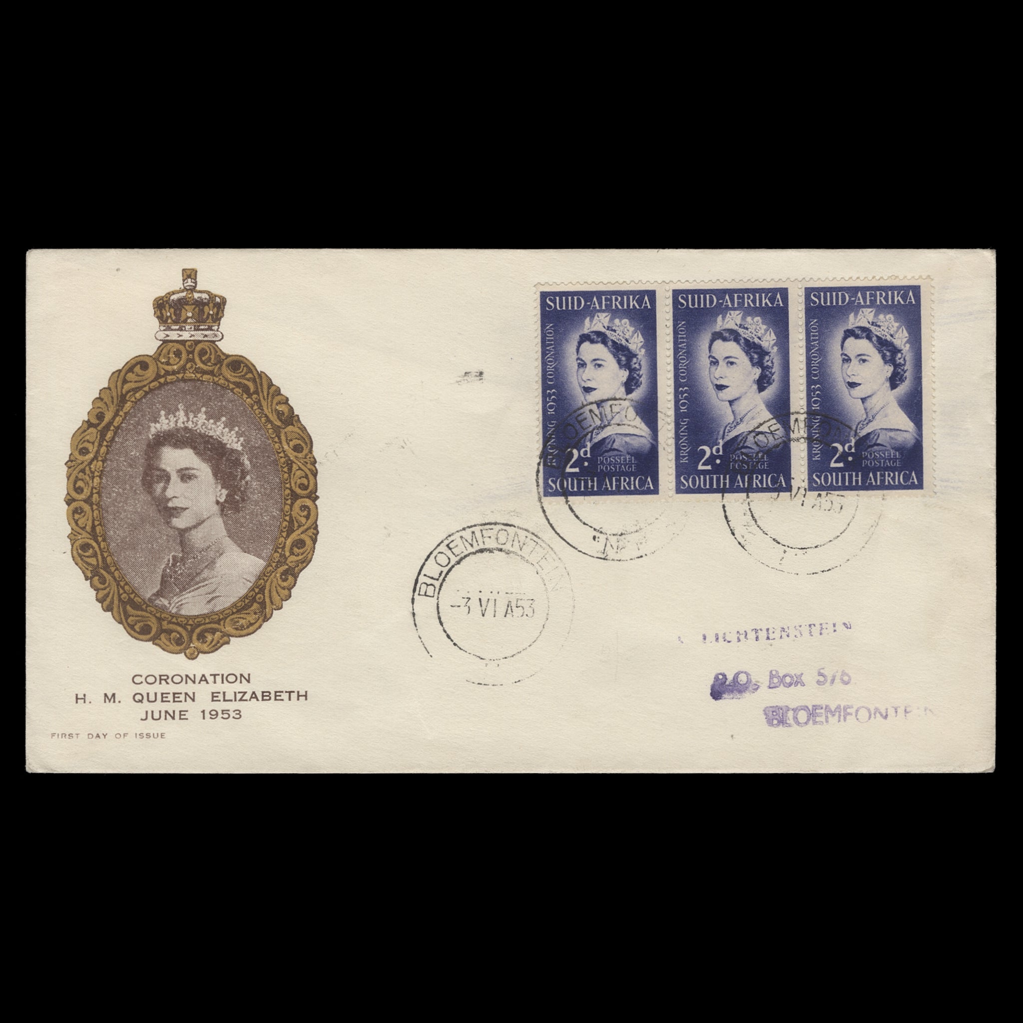 South Africa 1953 (FDC) 2d Coronation strip, BLOEMFONTEIN – ZEBOOSE.COM