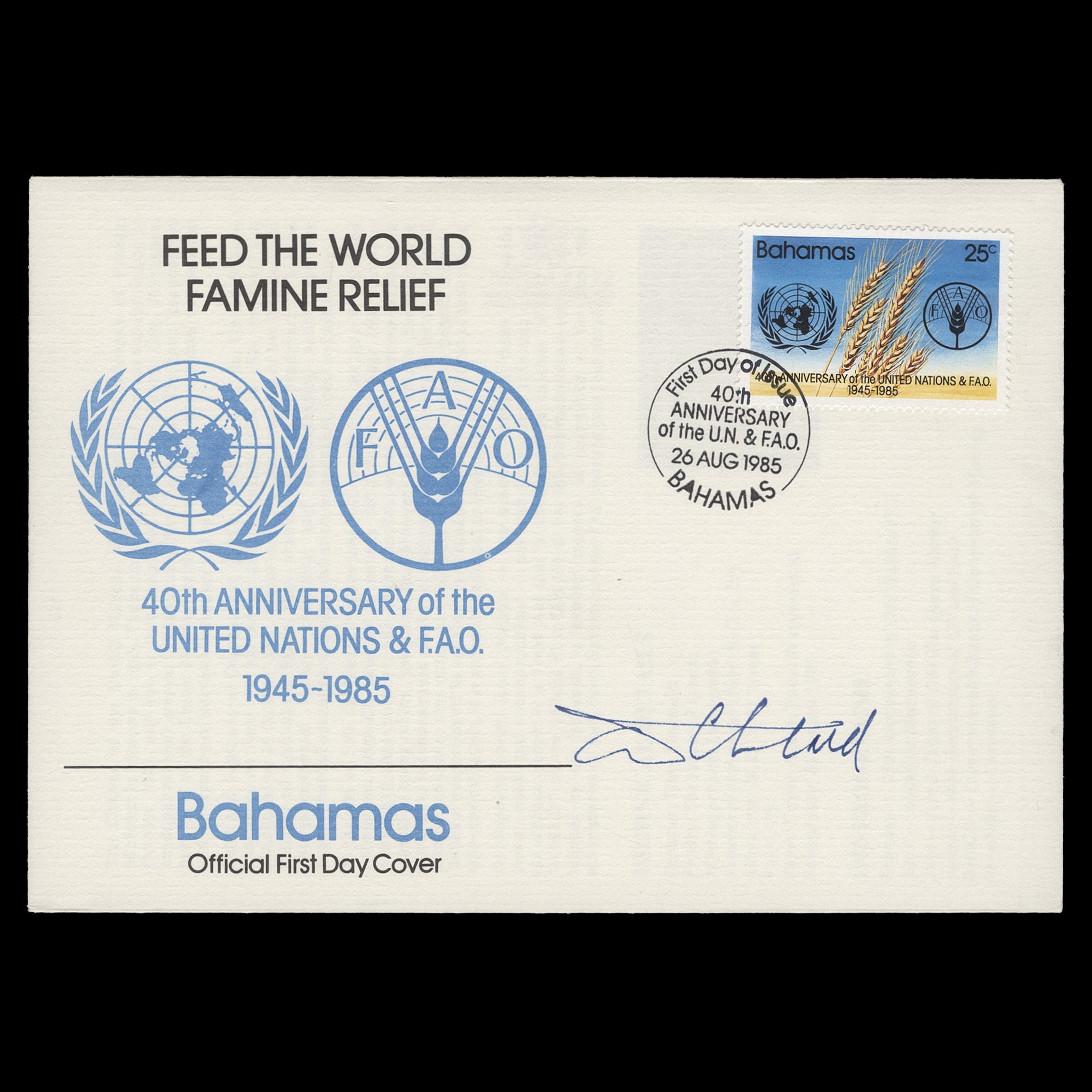 Bahamas 1985 UN & FAO Anniversary first day cover signed by designer ...