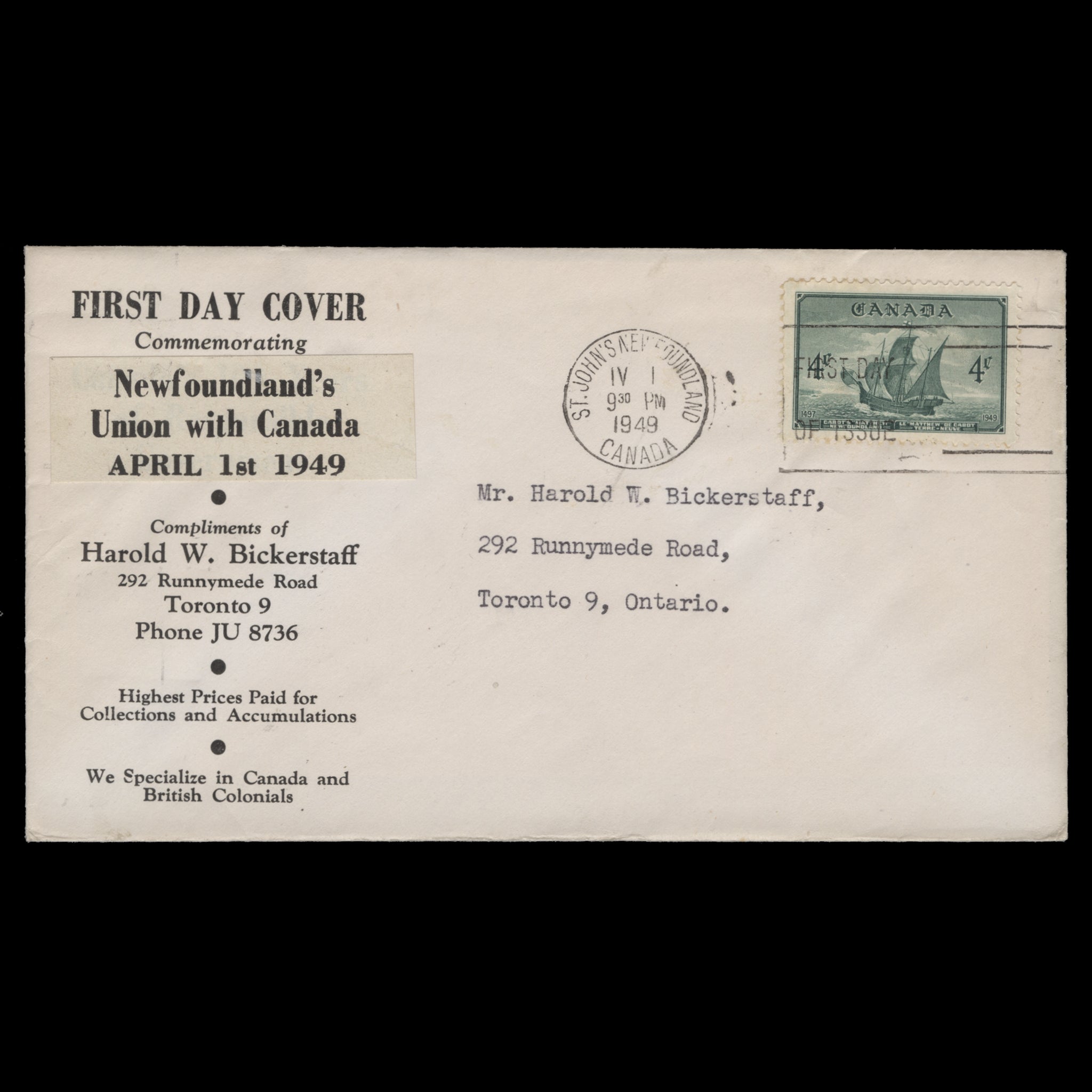 Canada 1949 Newfoundland's Union with Canada first day cover, ST JOHN'S ...