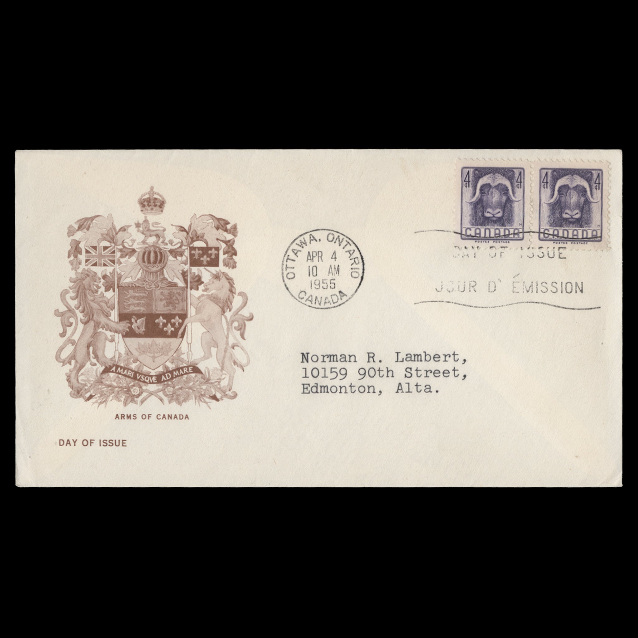 Canada 1955 (FDC) 4c Musk Ox pair, OTTAWA – ZEBOOSE.COM