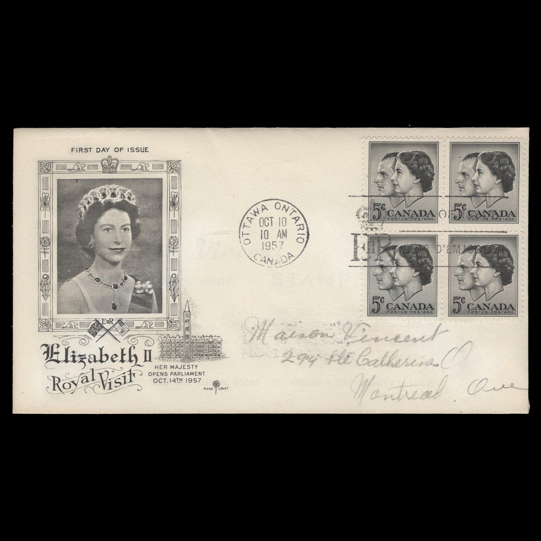 Canada 1957 (FDC) 5c Royal Visit block, OTTAWA – ZEBOOSE.COM