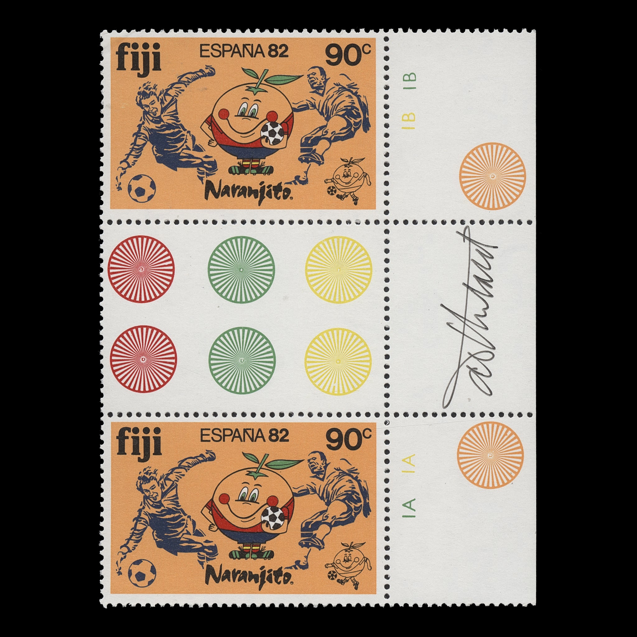 Fiji 1982 World Cup Football, Spain gutter pair signed by designer ...