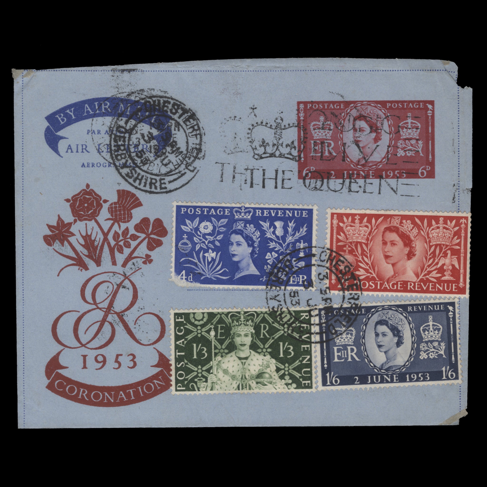 Great Britain 1953 Coronation first day air letter, CHESTERFIELD ...